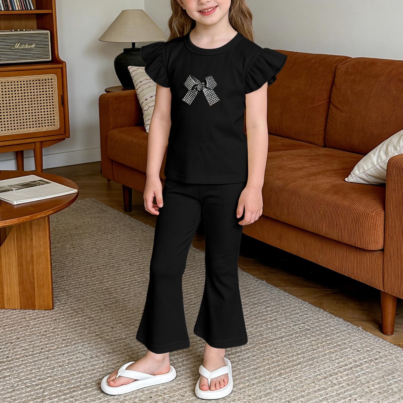 Amidoa Girls Summer 2 Piece Outfits Kids Ruffle Sleeve T-Shirt and Cute ...