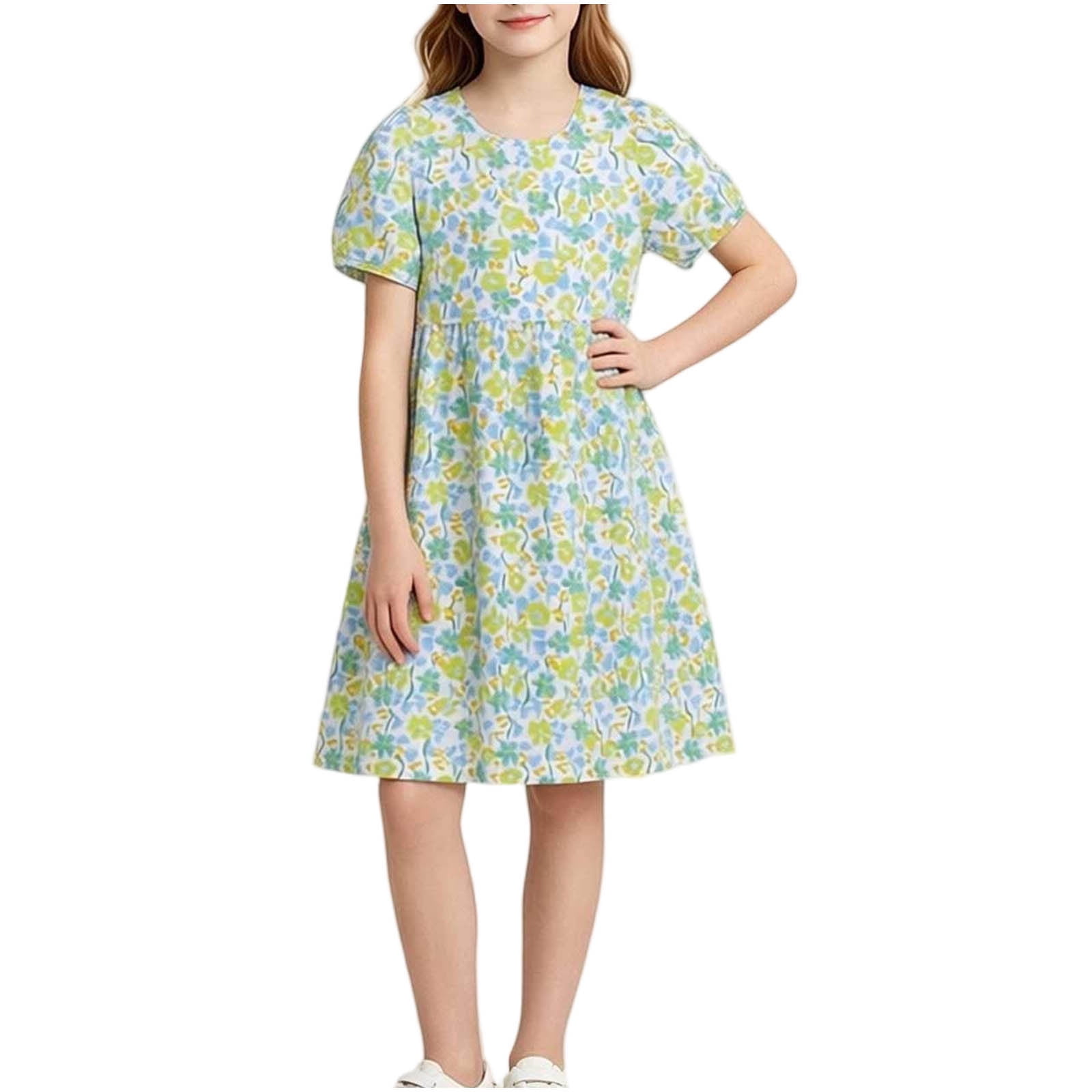 Amidoa Girls Summer Dresses Puff Sleeve A-Line Short Sleeve Floral ...