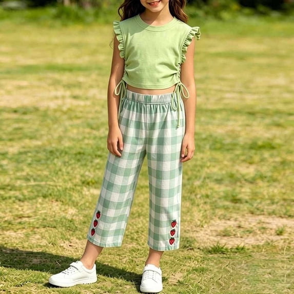 Amidoa Girls Summer Outfits 2 Piece Cute Ruffle Sleeveless T Shirt Tank ...