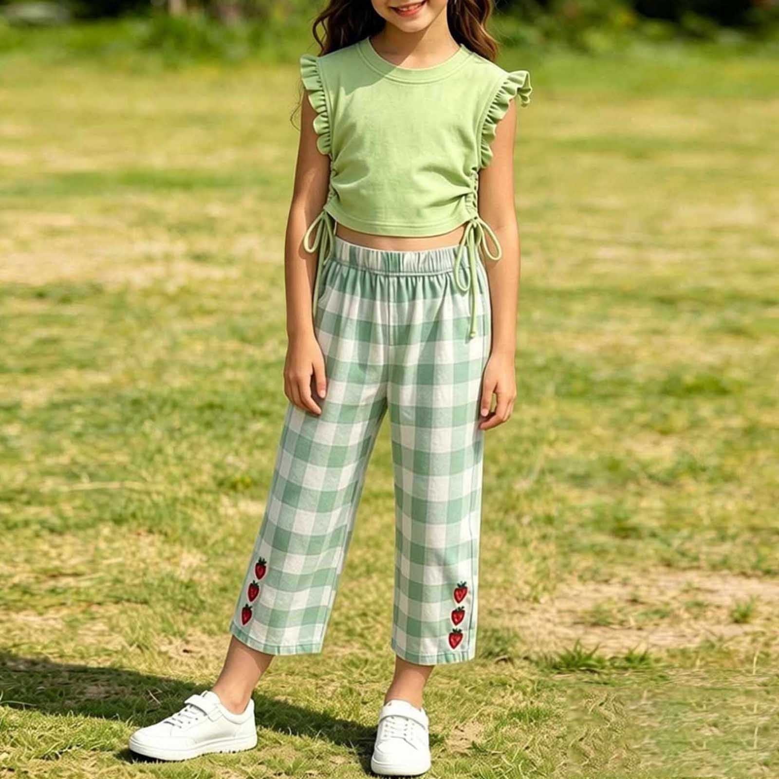 Amidoa Girls Summer Outfits 2 Piece Cute Ruffle Sleeveless T Shirt Tank ...