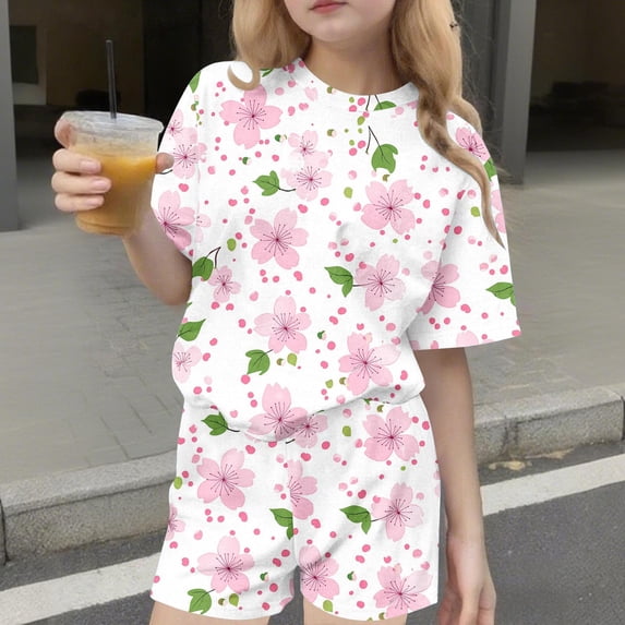 Amidoa Girls Summer Outfits 2 Piece Short Sleeve Cute Print T Shirt Top ...