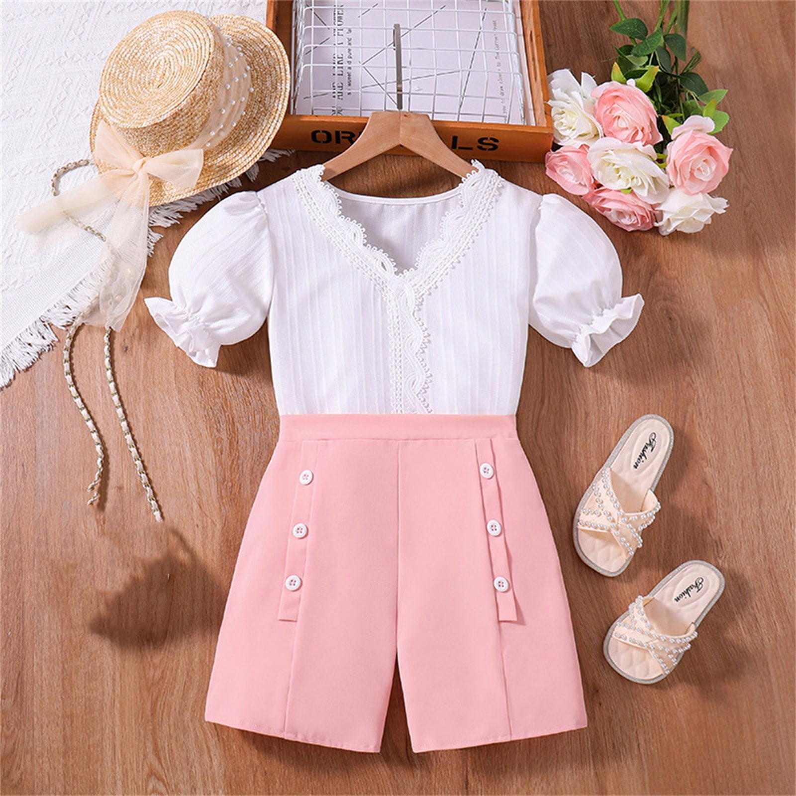 Amidoa Girls Summer Outfits 2 Piece Short Sleeve Solid Color Cute T ...