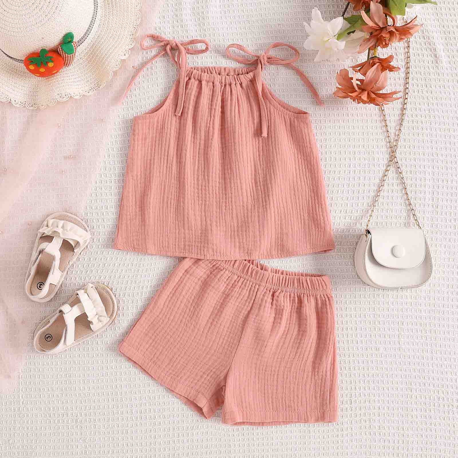Amidoa Girls Summer Outfits 2 Piece Short Sleeve T Shirt Cute Solid ...
