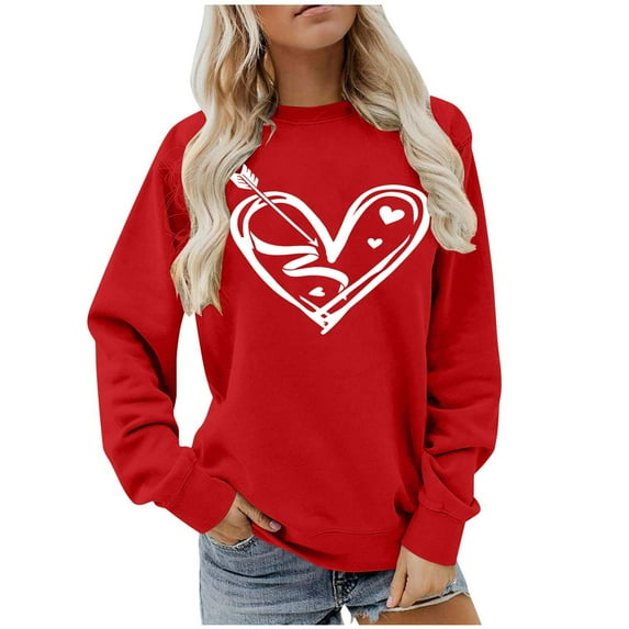 Amidoa Graphic Women Tops Red Valentine's Day Tees Love Heart Round ...