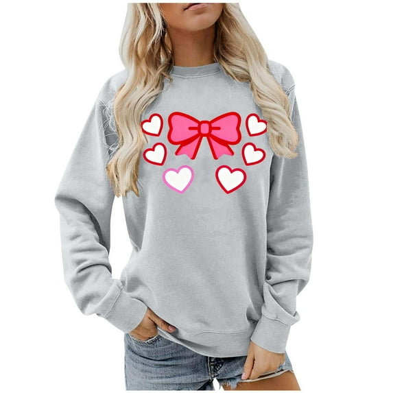 Amidoa Gray Women Tops Cute Long Sleeve Crewneck Valentines Sweatshirts ...