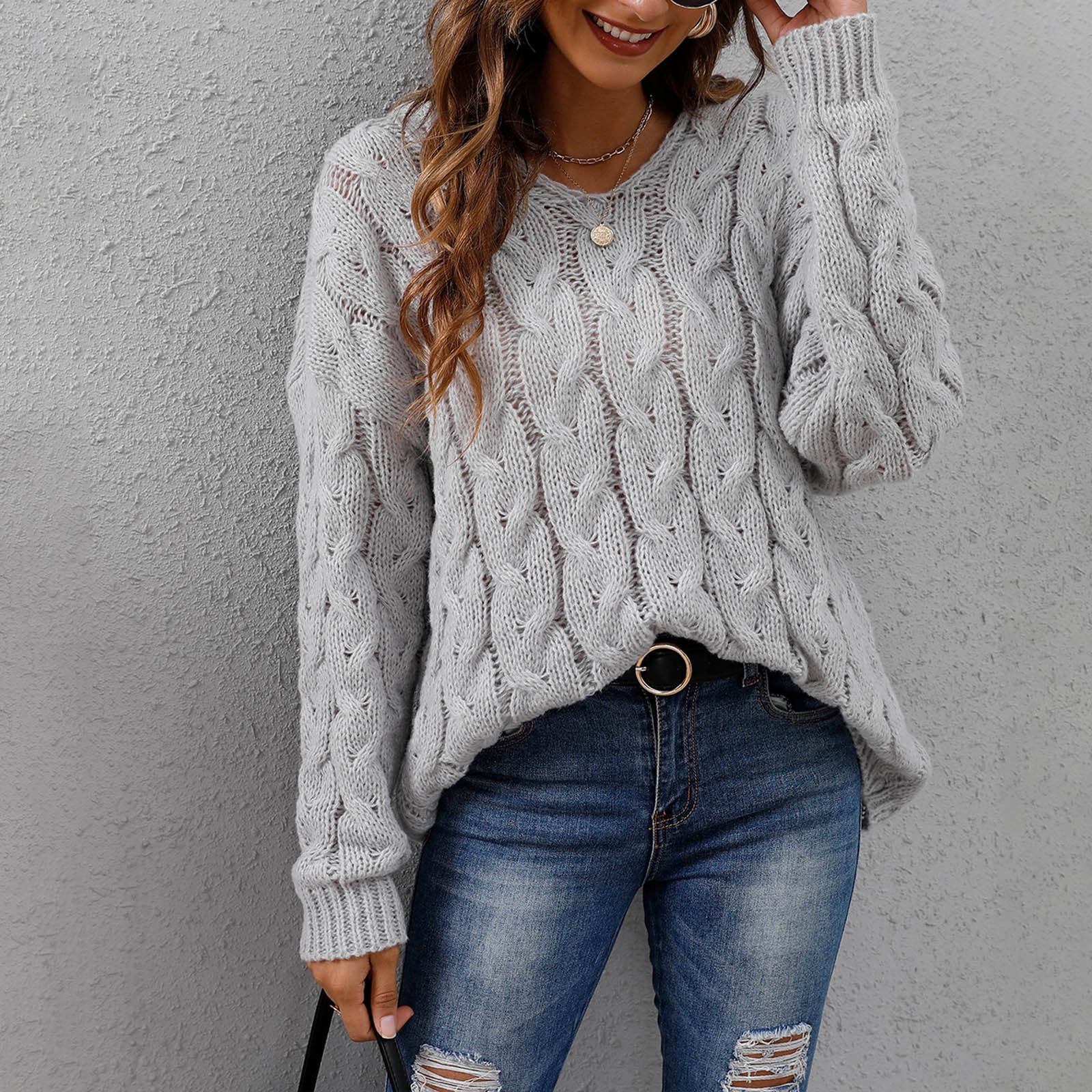 Amidoa Gray Womens Sweaters Long Sleeve Cable Knit V-Neck Chunky Plus ...