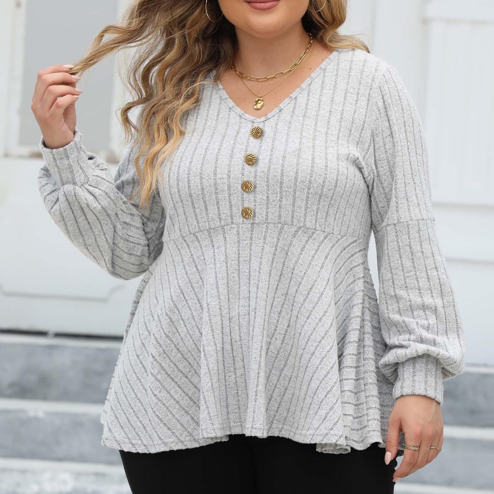 Amidoa Gray Womens Sweaters Long Sleeve V-Neck Plus Size Buttons Ruffle ...