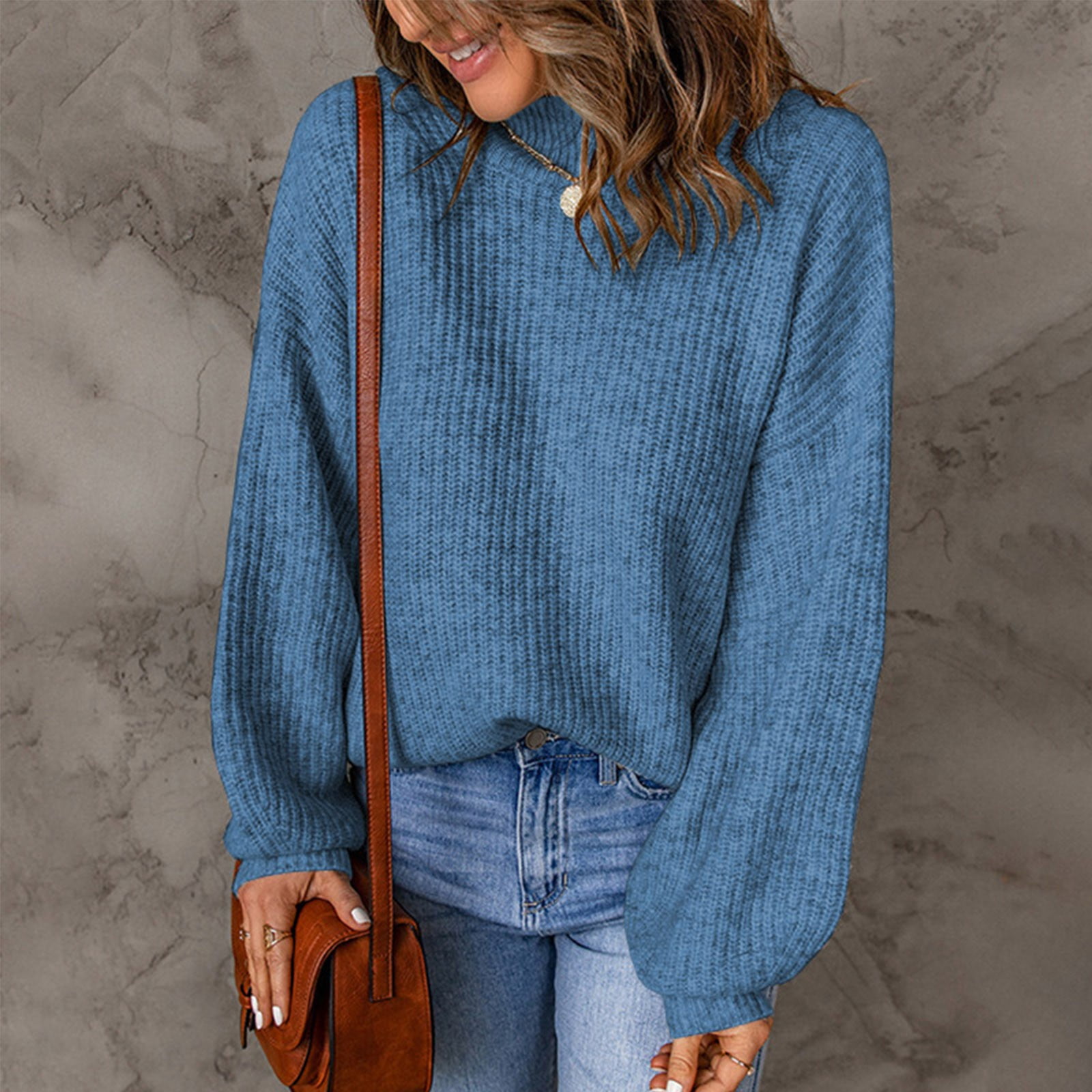 Amidoa Knit Womens Sweaters Turtleneck Long Sleeve Blue Fall Solid ...