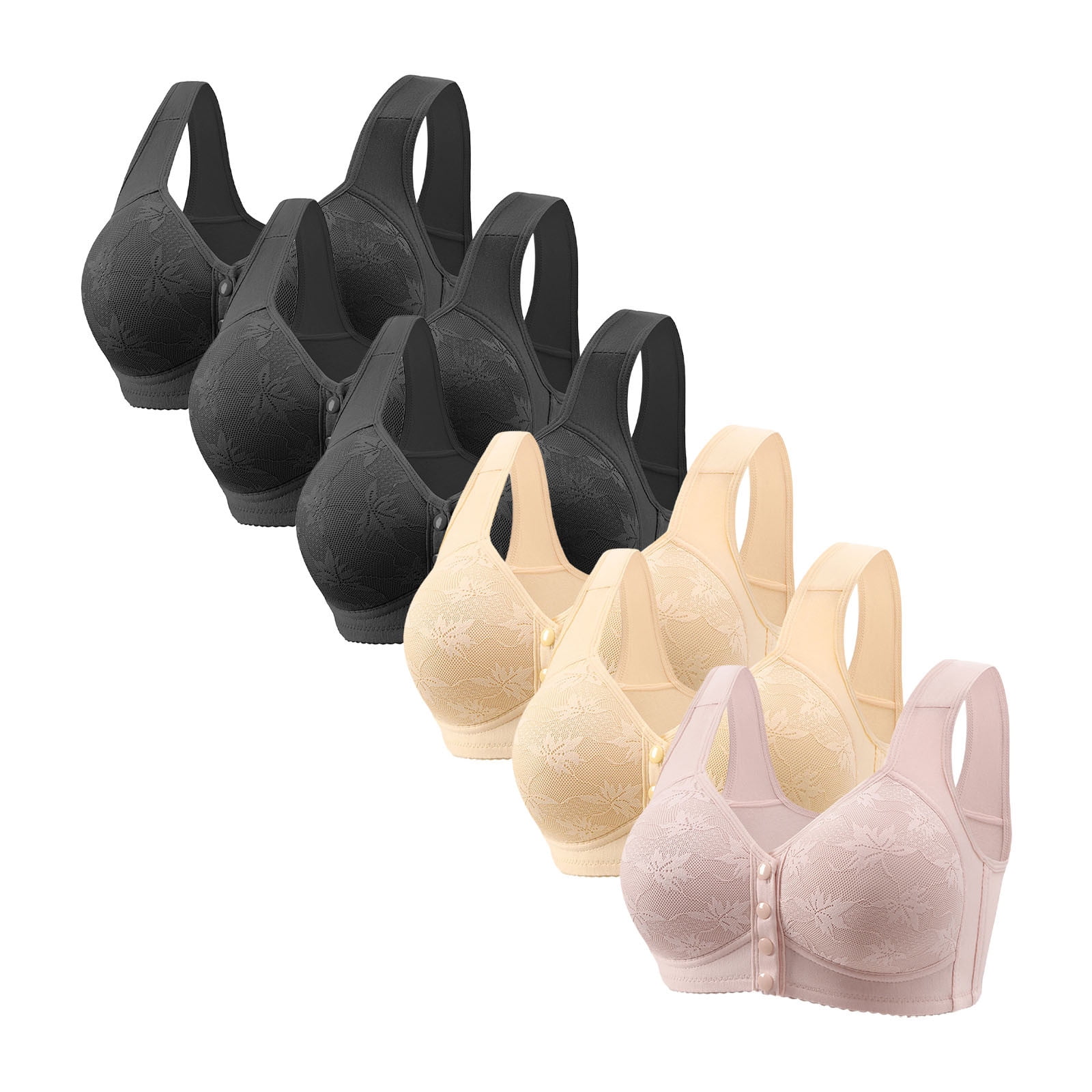 Amidoa Lace Bras for Older Women Front Closure Pink Wireless 6 Pcs Wide Straps Bras Brasiers ...