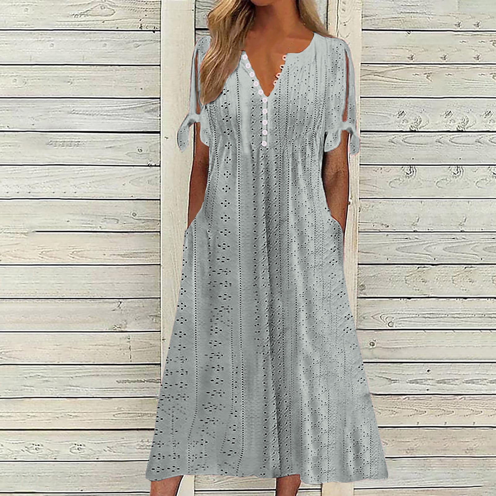Amidoa Ladies Dresses Off the Shoulder Gray Short Sleeve V-Neck Cutout ...