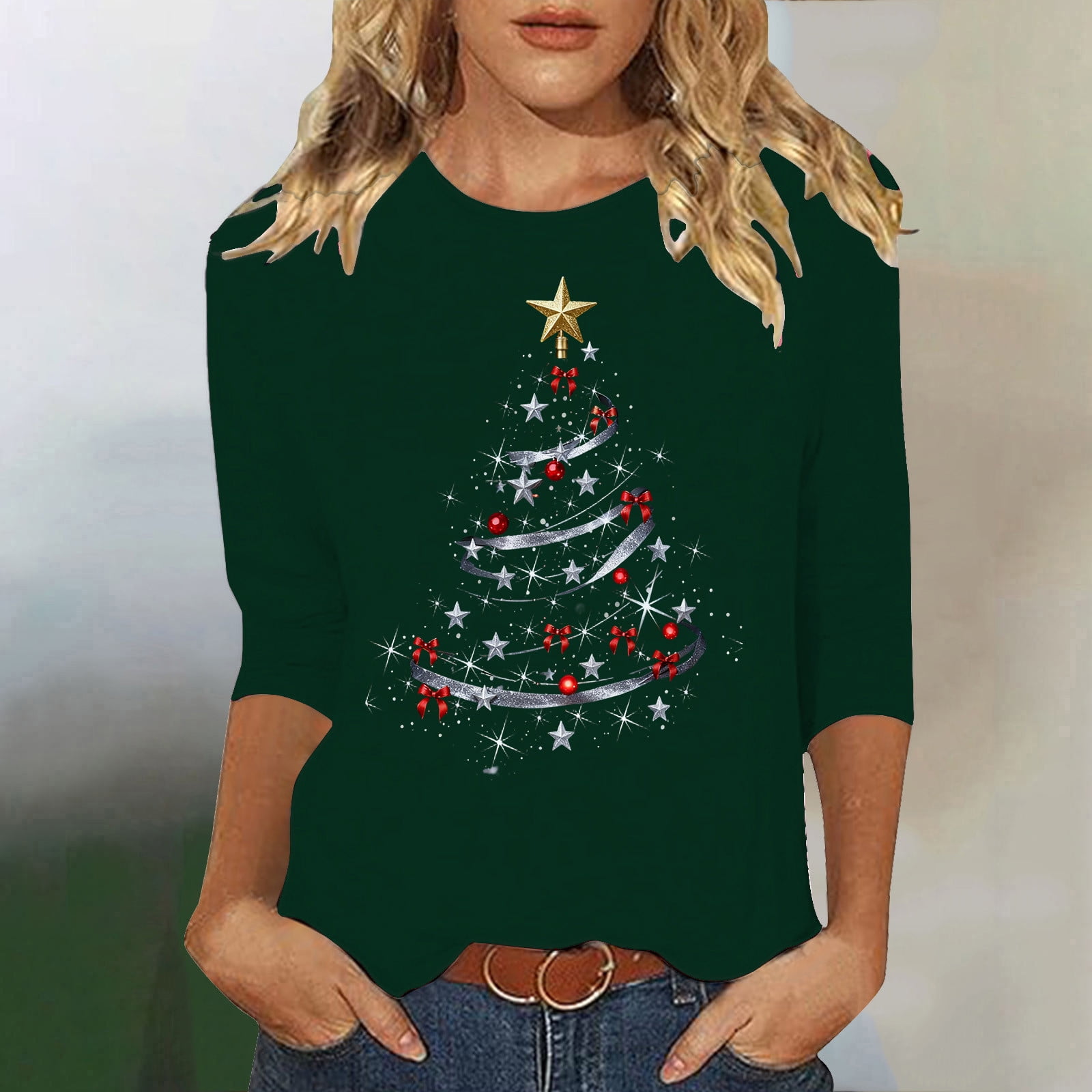 Amidoa Ladies Tops Green Sparkly 3/4 Sleeve Funny Blouses Boat Neck ...