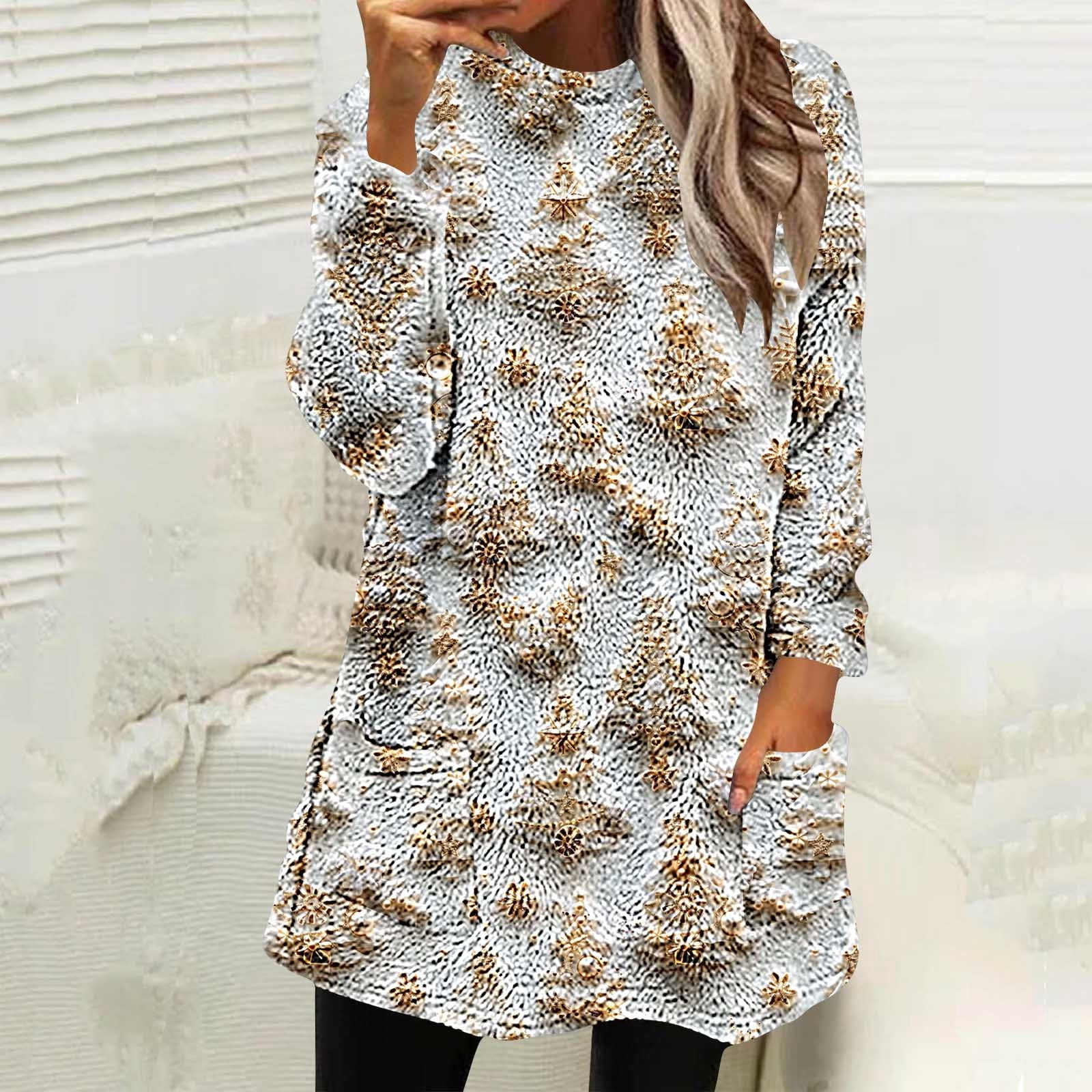 Amidoa Ladies Tops Long Sleeve Winter Flannel Christmas Tunic Fuzzy ...