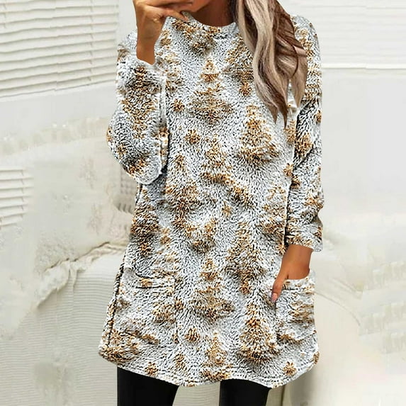 Amidoa Ladies Tops Long Sleeve Winter Flannel Christmas Tunic Fuzzy ...