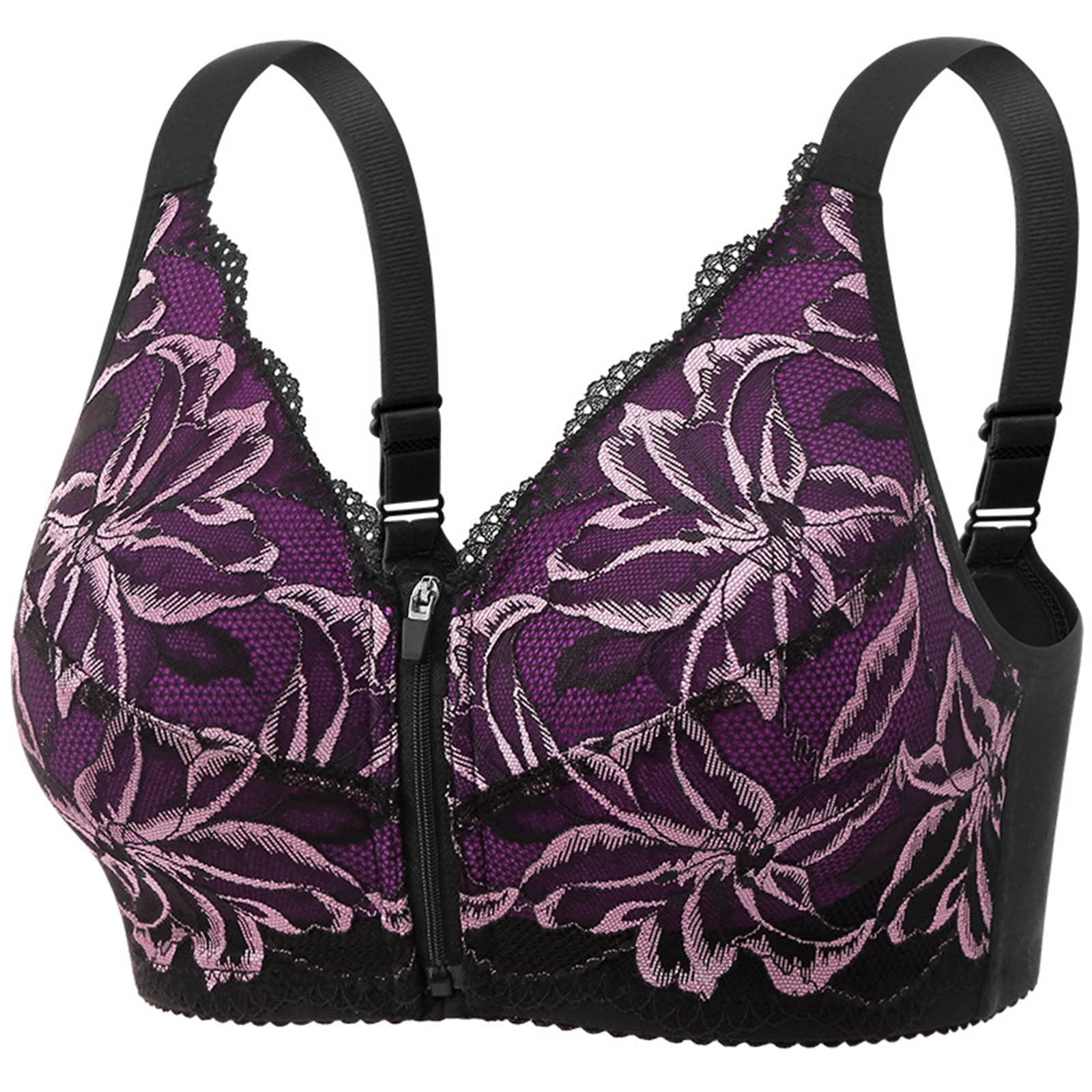 Amidoa Large Bust Bras for Older Women Purple Front Zipper Cotton Full ...