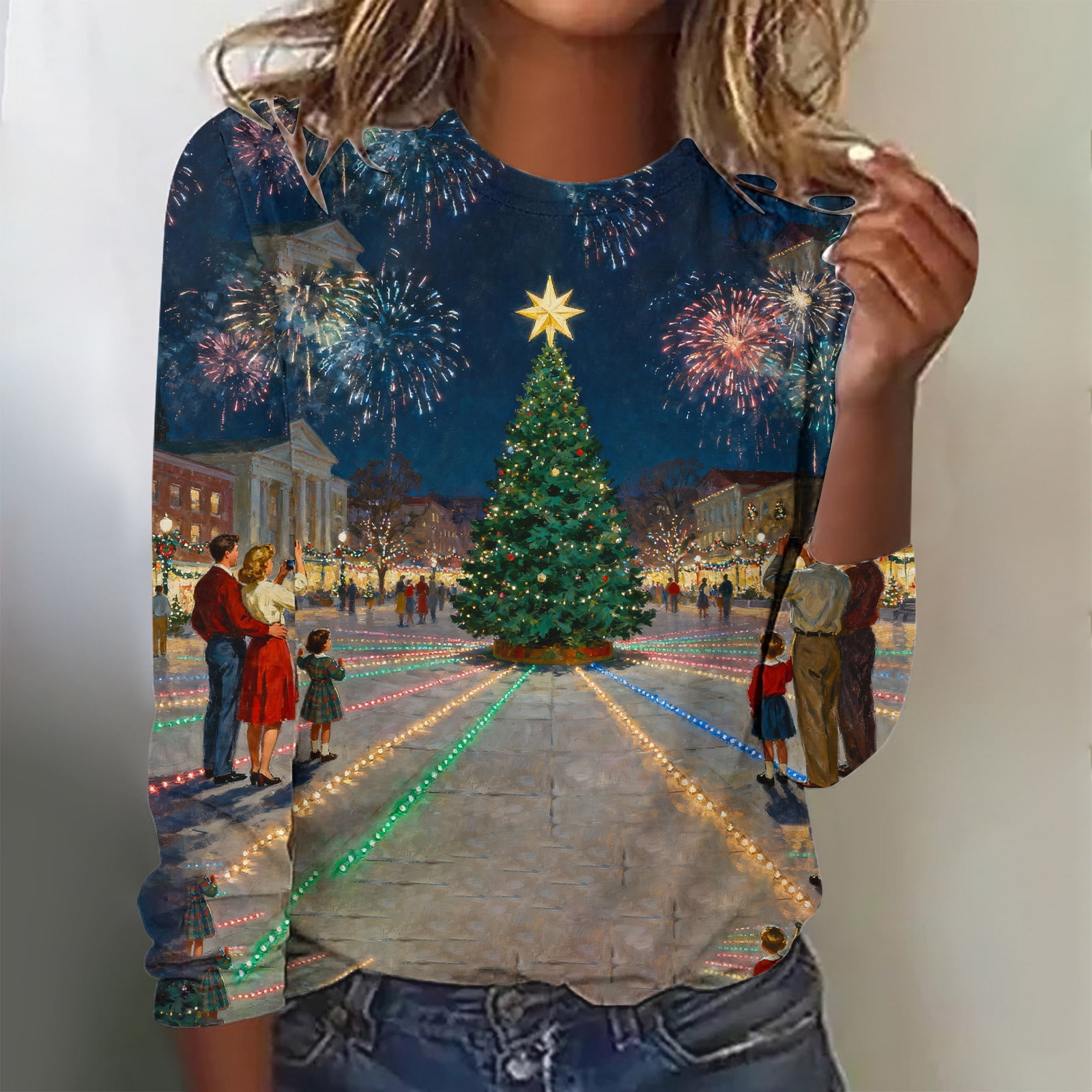 Amidoa Light Weight Womens Tops Long Sleeve Red Sparkly Christmas Tees ...