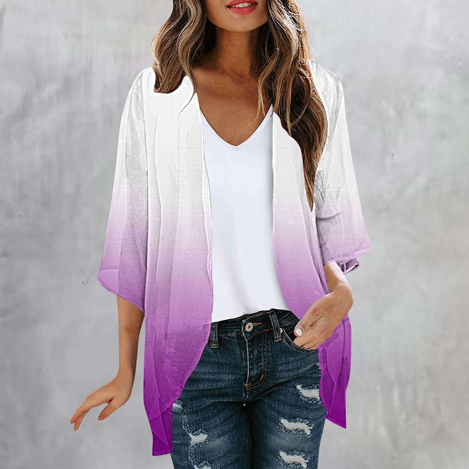 Amidoa Lightweight Cardigans for Women 3/4 Sleeve Kimono Open Front ...