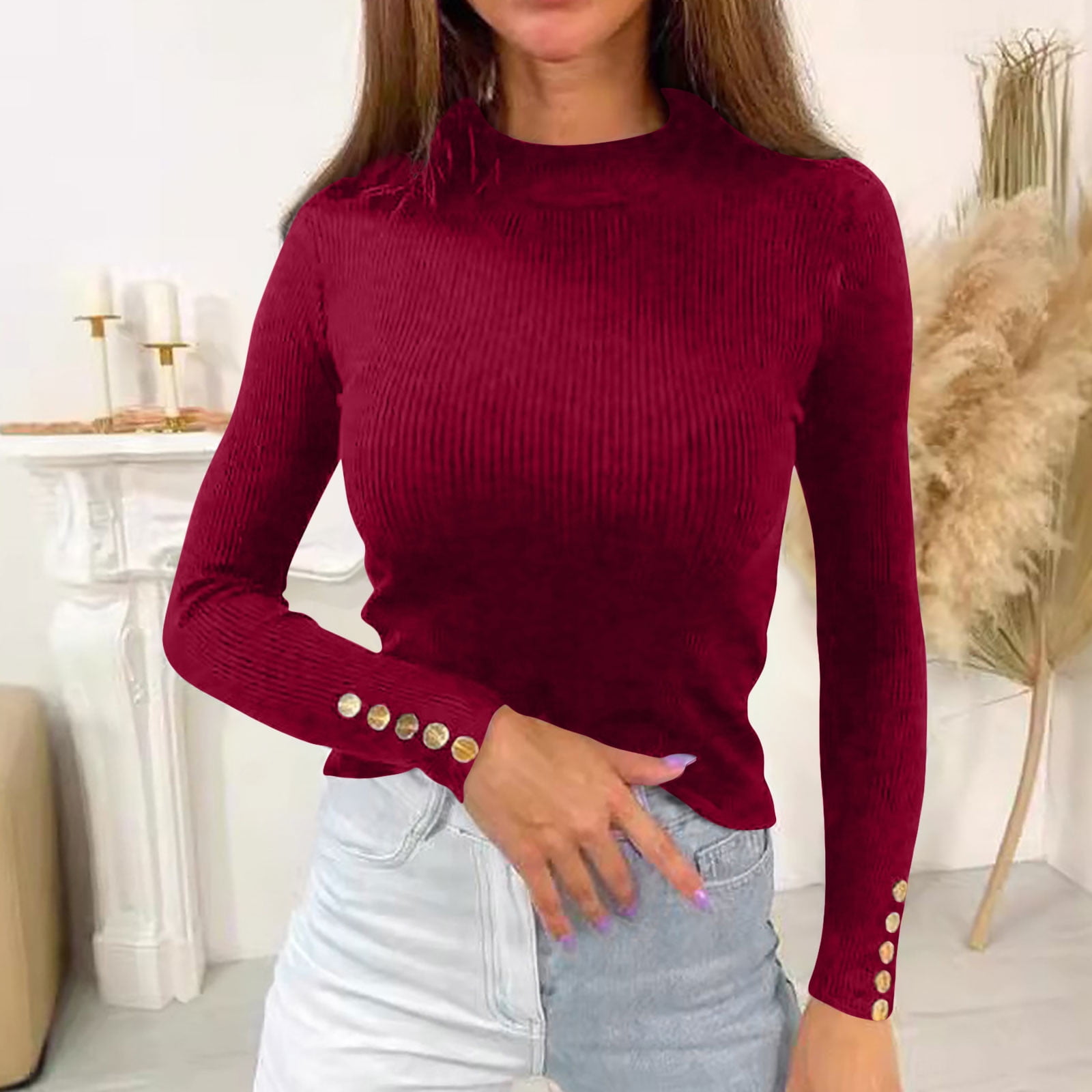 Amidoa Lightweight Women Sweater Slim Long Sleeve Red Casual Workout ...