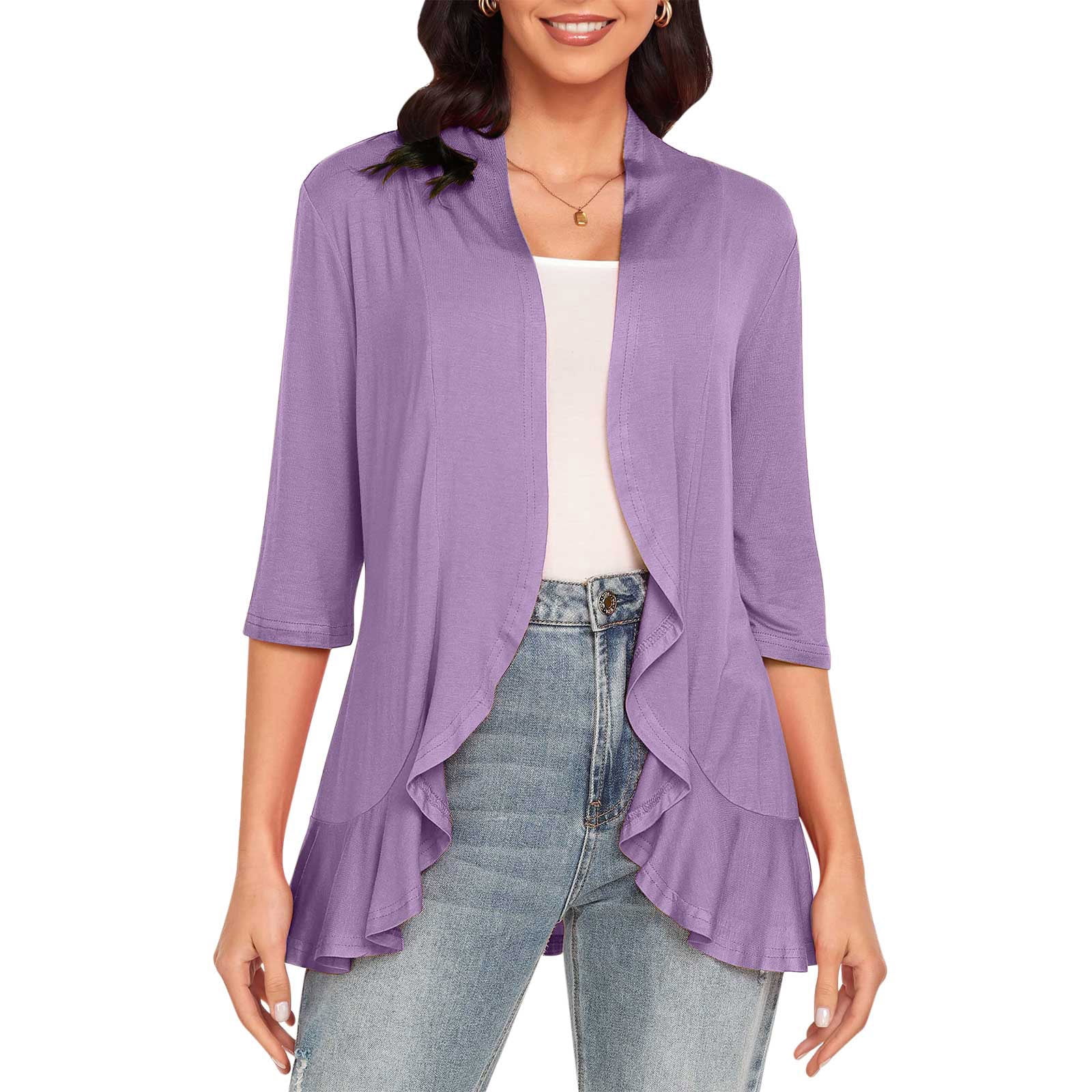 Amidoa Lightweight Womens Cardigans Purple Open Front 3/4 Sleeve Solid ...