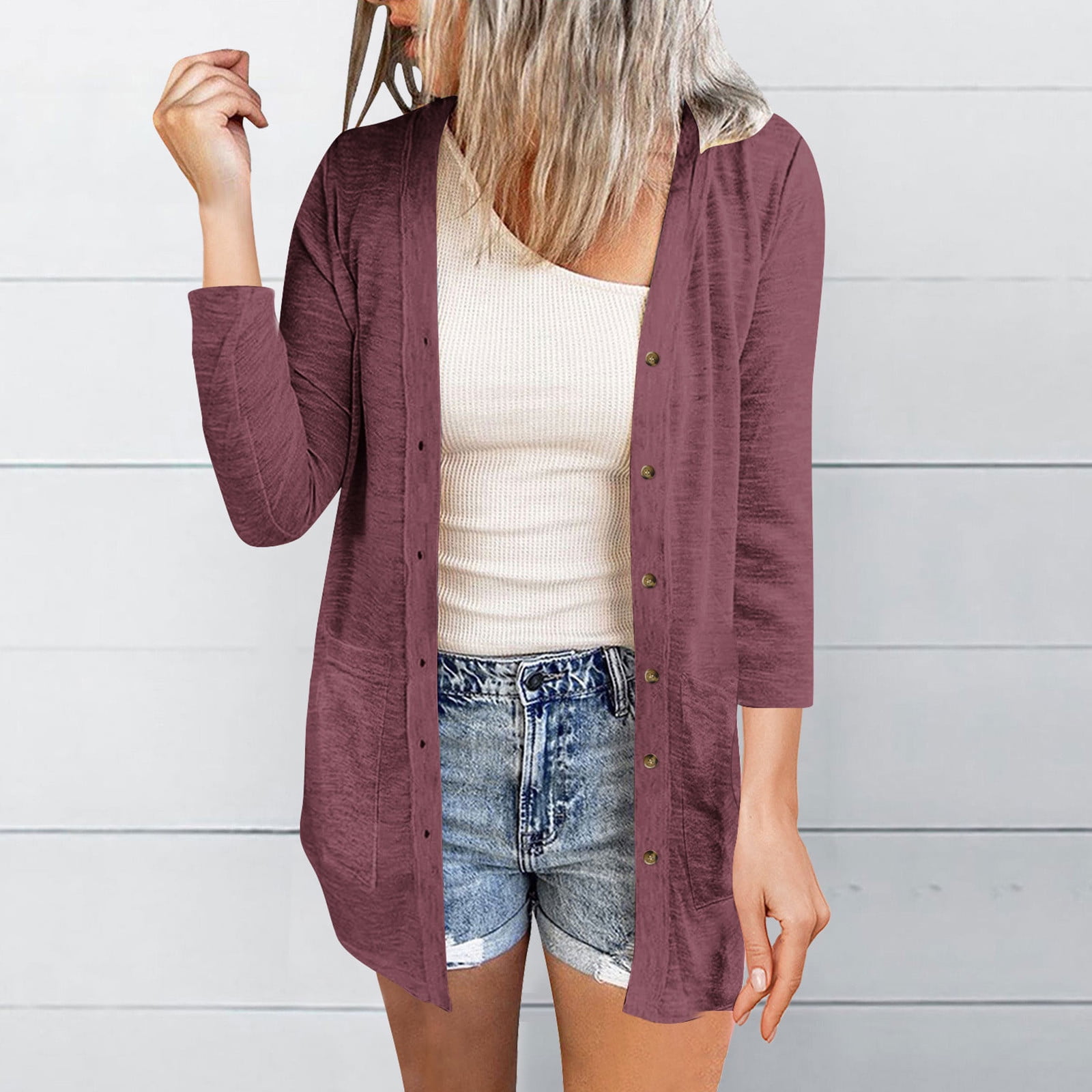 Amidoa Long Cardigans for Women Long Sleeve Button up Red Lightweight ...