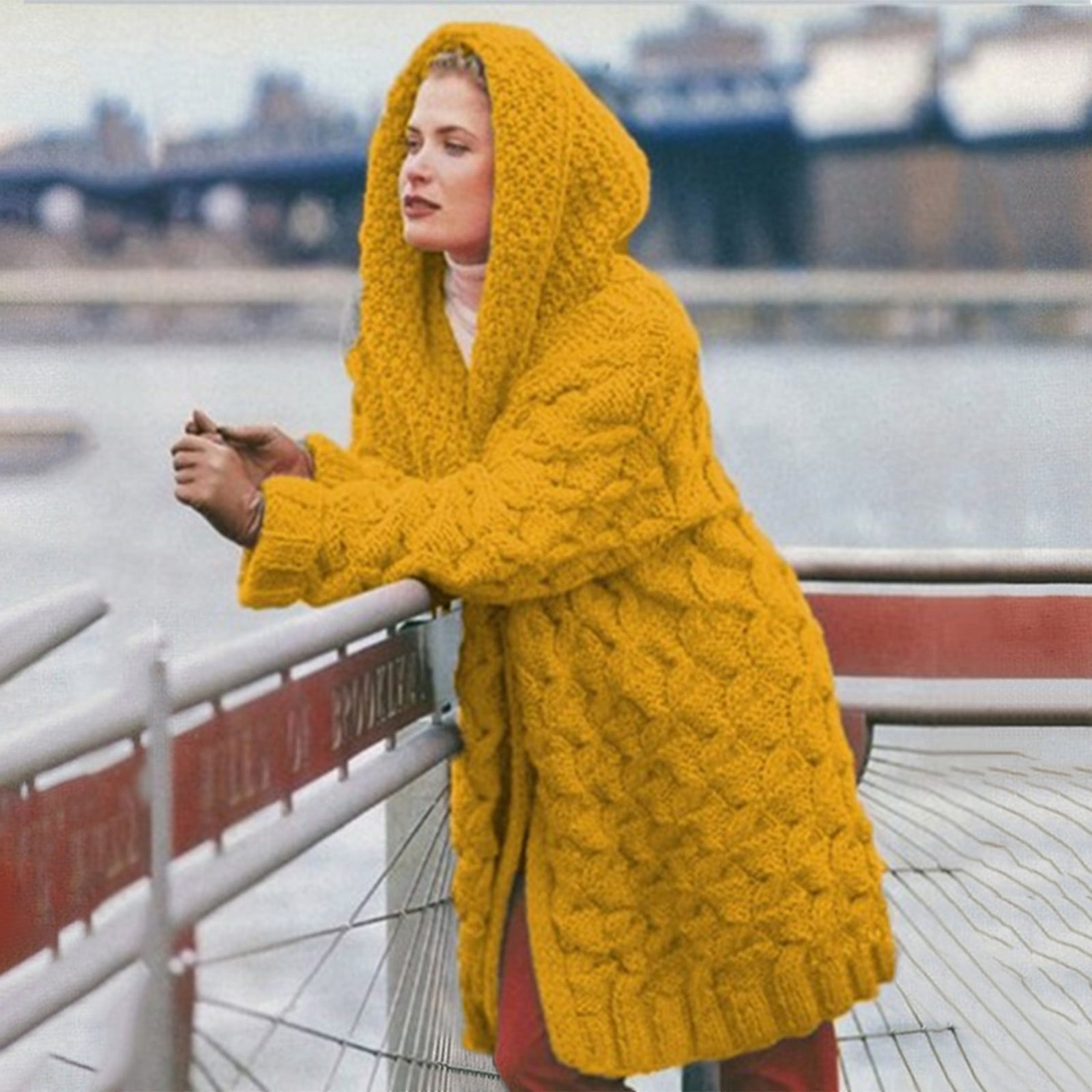 Amidoa Long Sleeve Women Sweater Cardigan Hoodie Yellow Cable Knit Open ...