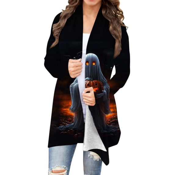Amidoa Long Sleeve Women's Cardigans Helloween Black Oversized Long ...