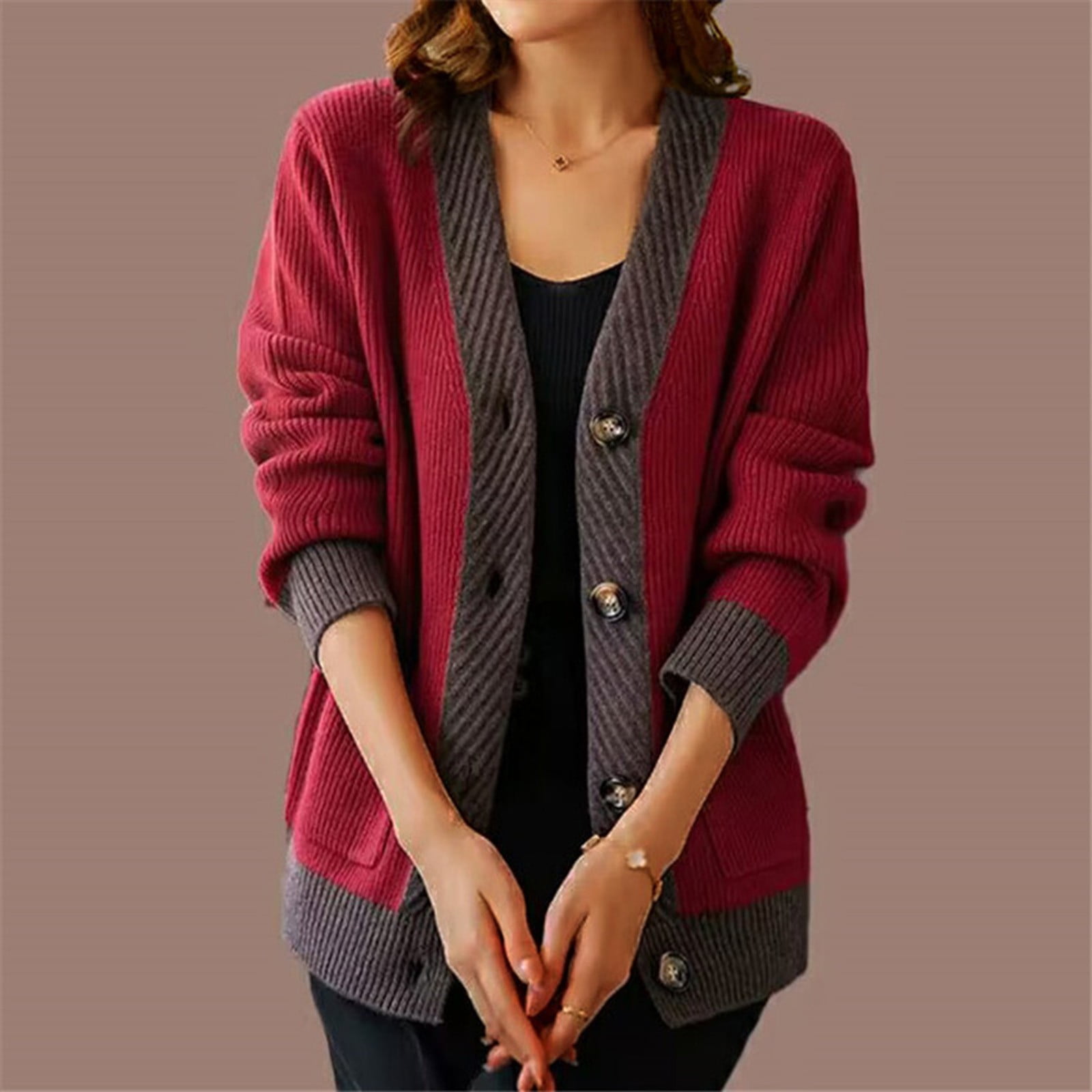 Amidoa Long Sleeve Womens Sweaters Cardigan Button up Red Oversized ...