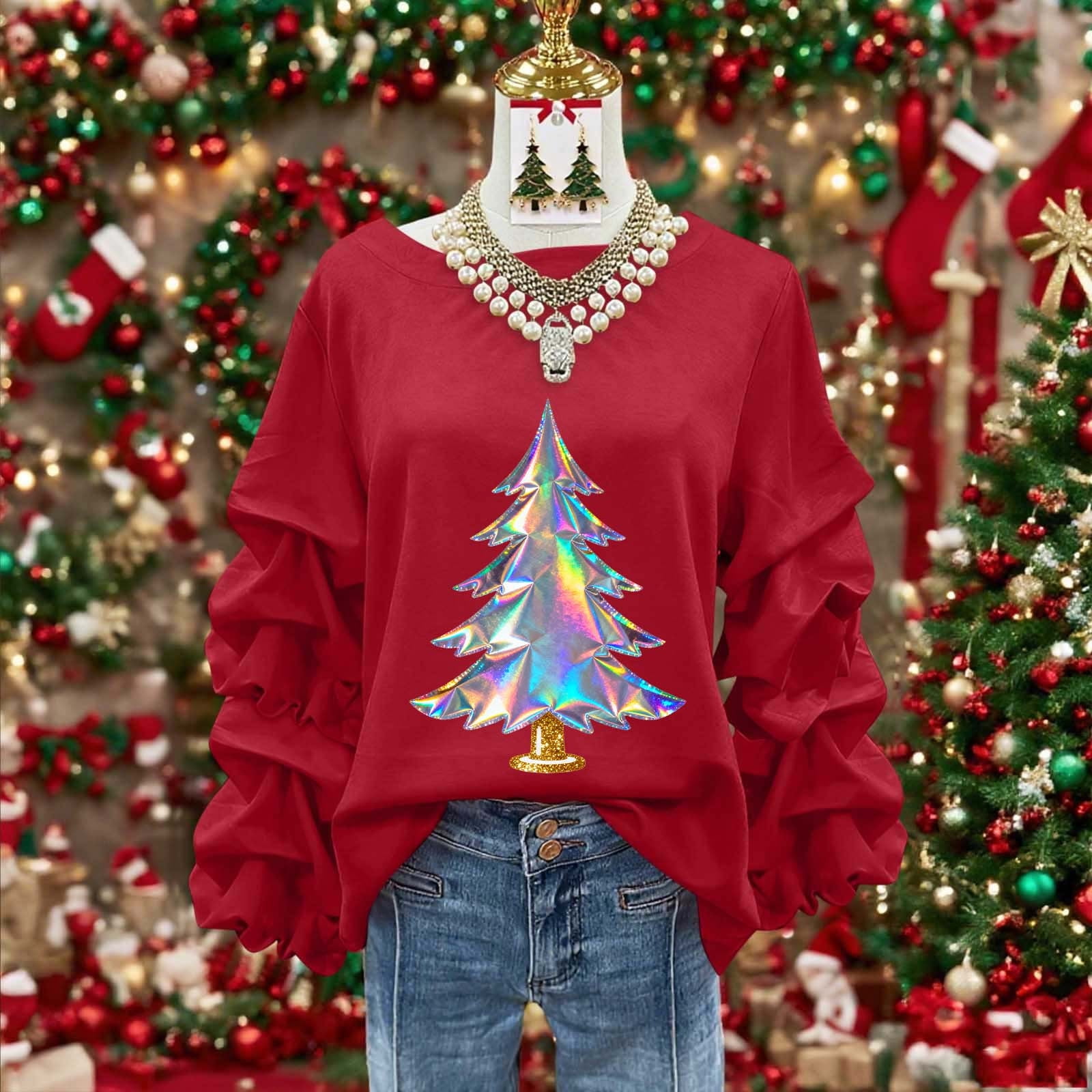 Amidoa Loose Ladies Tops Long Sleeve Christmas Boat Neck Red Drop ...