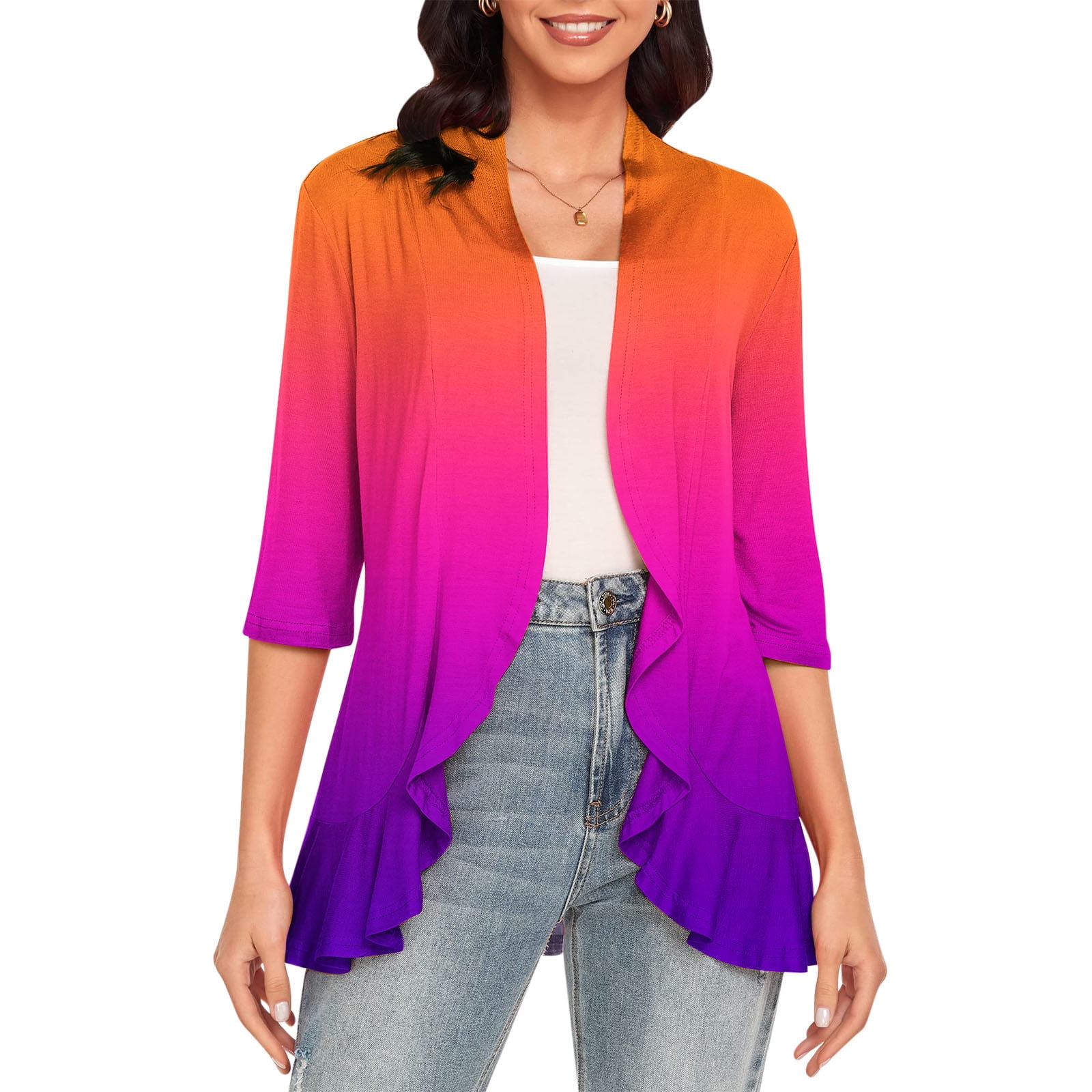 Amidoa Open Front Cardigans for Women 3/4 Sleeve Lightweight Ruffle ...