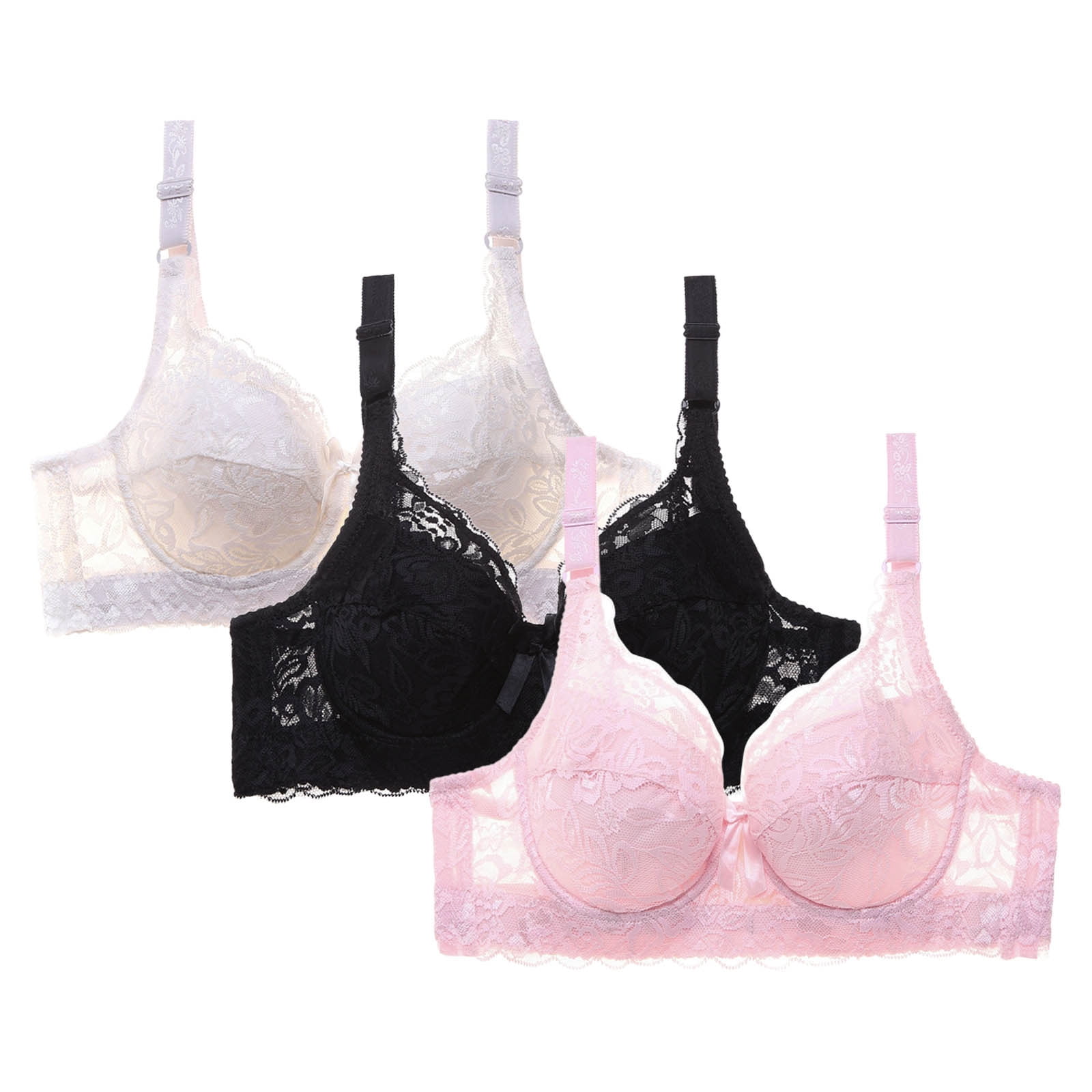 Amidoa Pink Bras for Older Women Underwire Push-up Lace 3 Pcs Solid Bras Brasiers Women XL ...