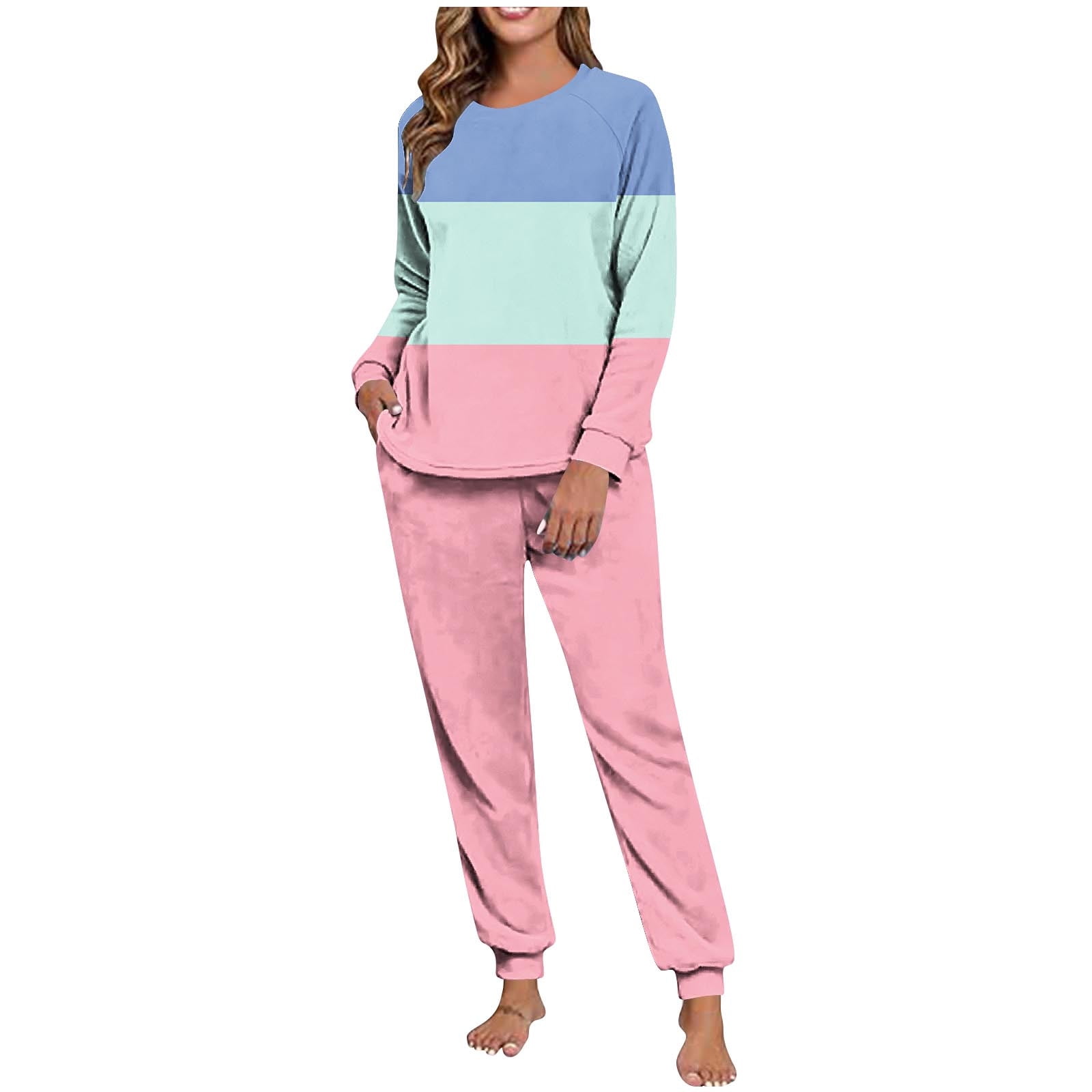 Amidoa Pink Women Pajamas Fleece Long Sleeve Winter Loose Fit Taper ...