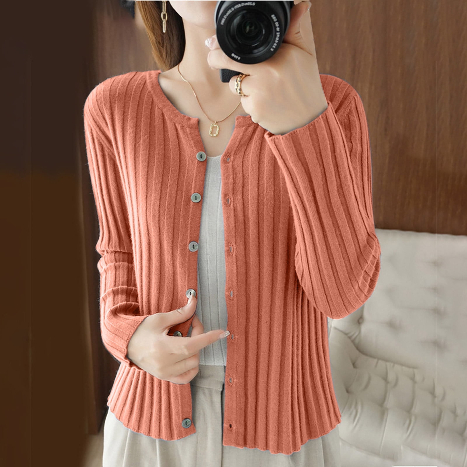 Amidoa Pink Women's Sweaters Button up Long Sleeve Cardigan Knit Solid ...