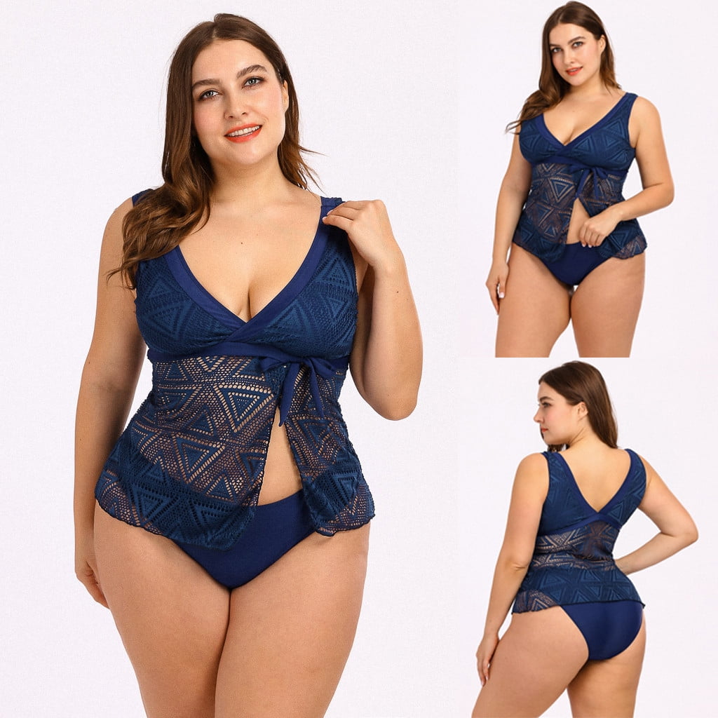 Amidoa Plus Size Ladies Swimsuits Side Split Bottom High Cut Tankinis