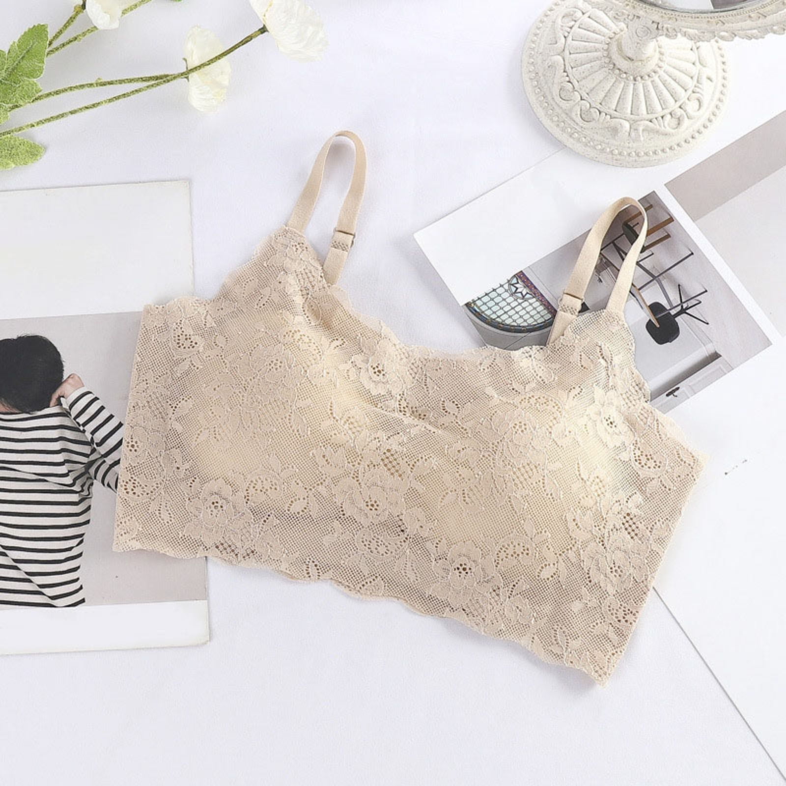 Amidoa Push-up Bras for Older Women No Wire Lace Yellow Embroidered ...