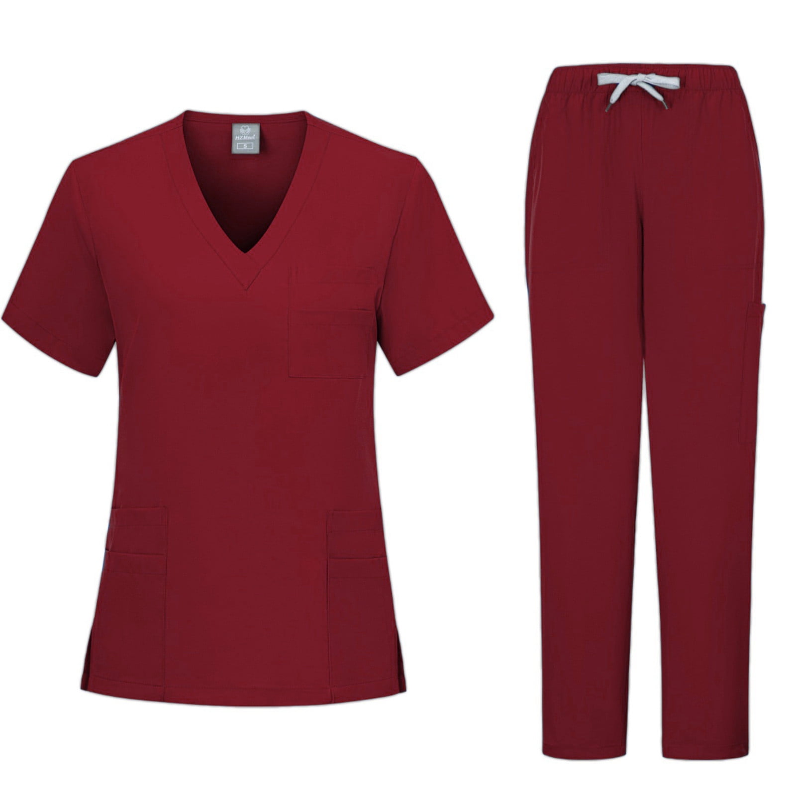 Amidoa Scrub Sets for Women Red Nurse V-Neck Uniform Straight Leg ...