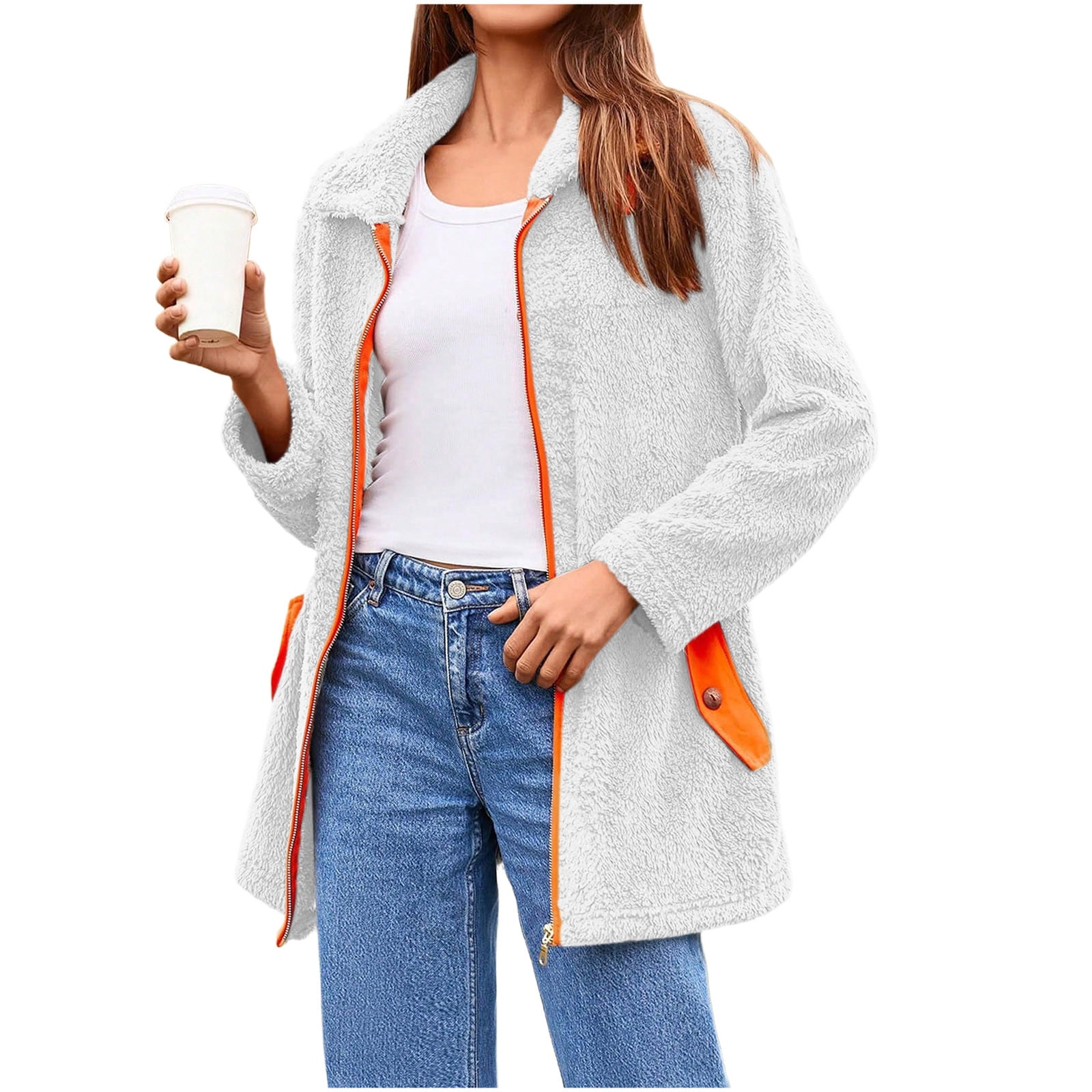 Amidoa Soft Women's Coats White Zip up Fuzzy Fleece Coats Color Block ...