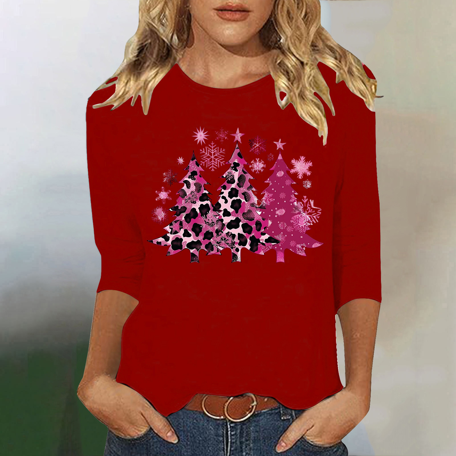 Amidoa Sparkly Womans Tops 3/4 Sleeve Funny Red Blouses Christmas Tree ...