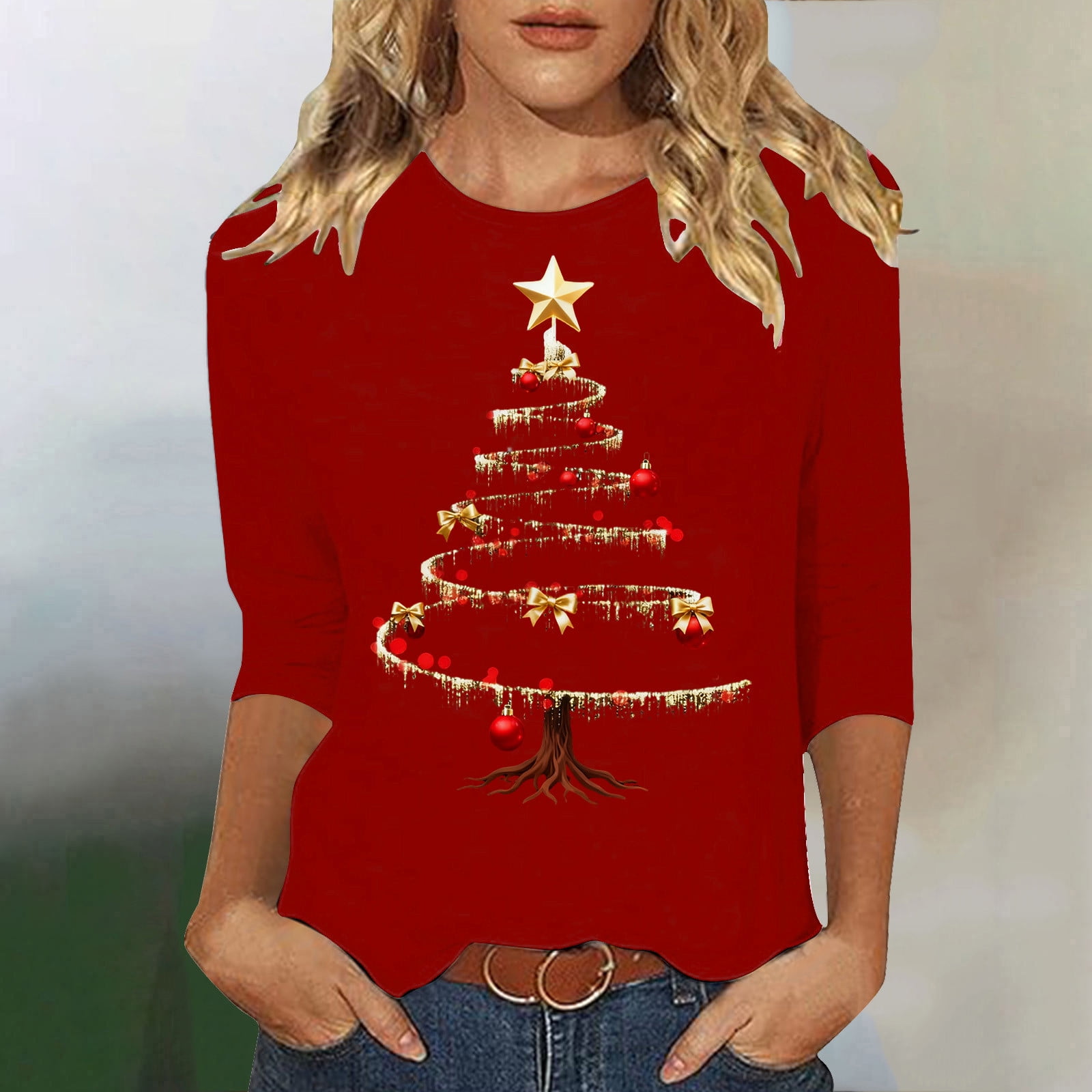 Amidoa Sparkly Womens Tops Trendy Funny Red 3/4 Sleeve Blouses ...