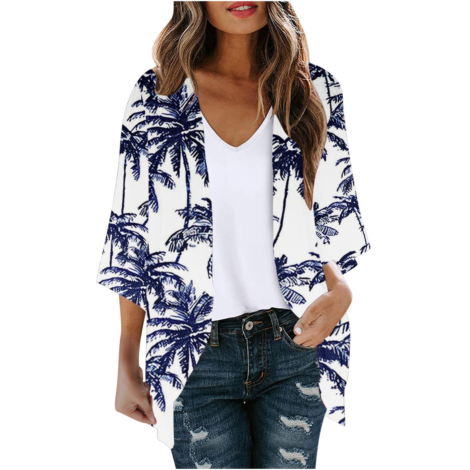 Amidoa Summer Womens Cardigans 3/4 Sleeve Blue Kimono Open Front ...