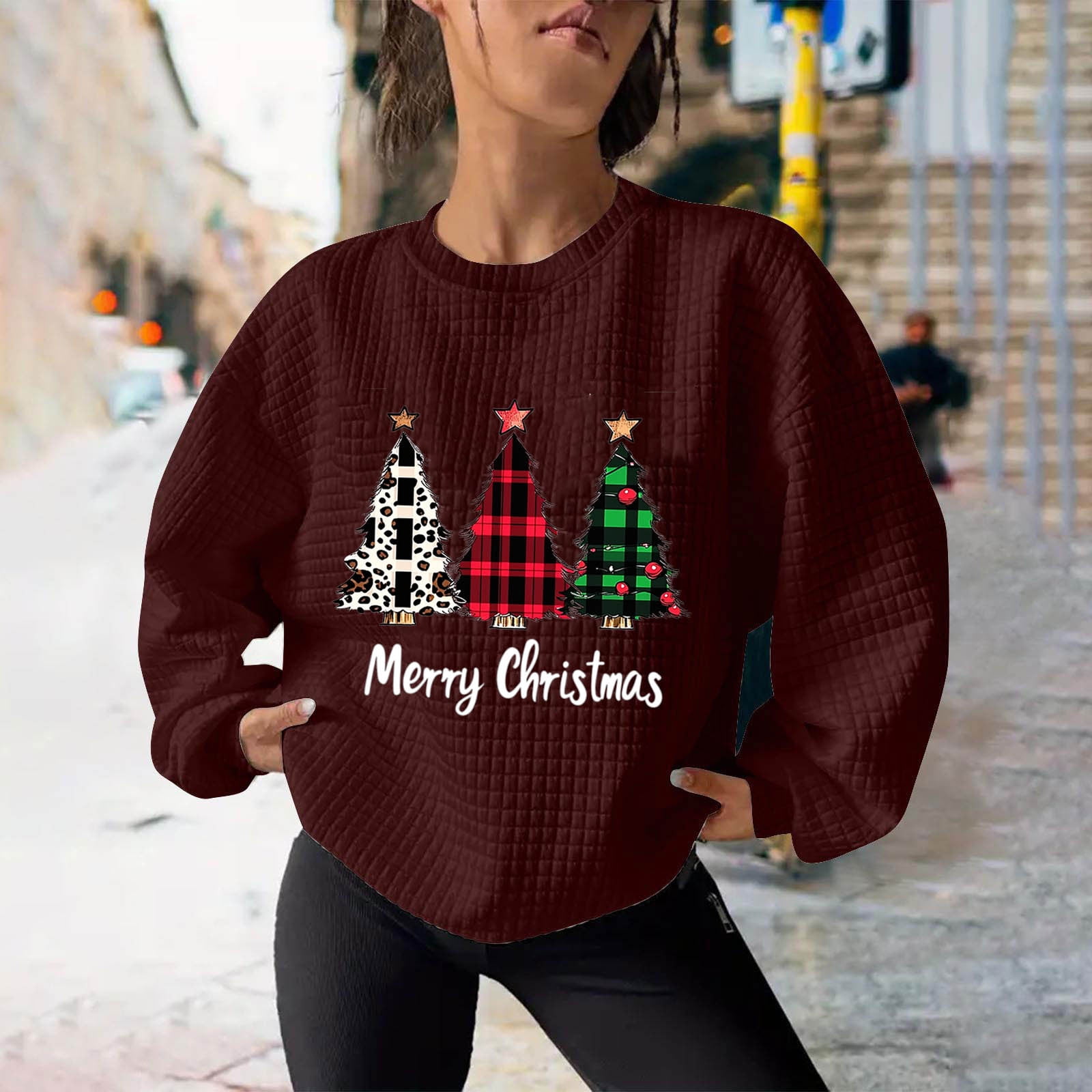 Amidoa Sweatshirts for Women Trendy Christmas Red Waffle Knit ...