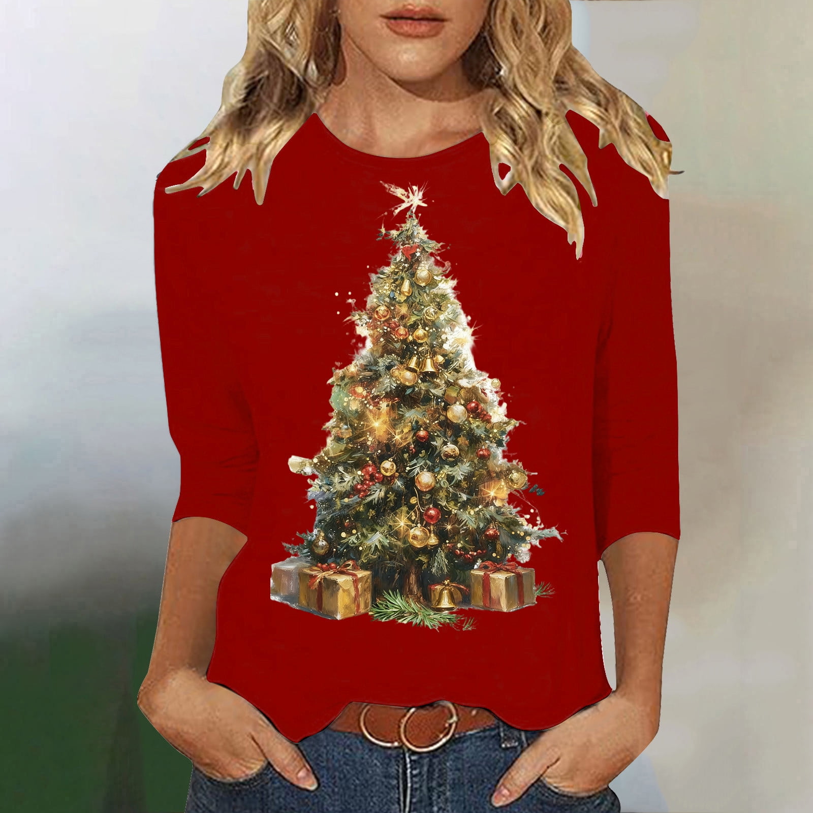 Amidoa Tops for Women Sparkly Funny 3/4 Sleeve Red Blouses Boat Neck ...