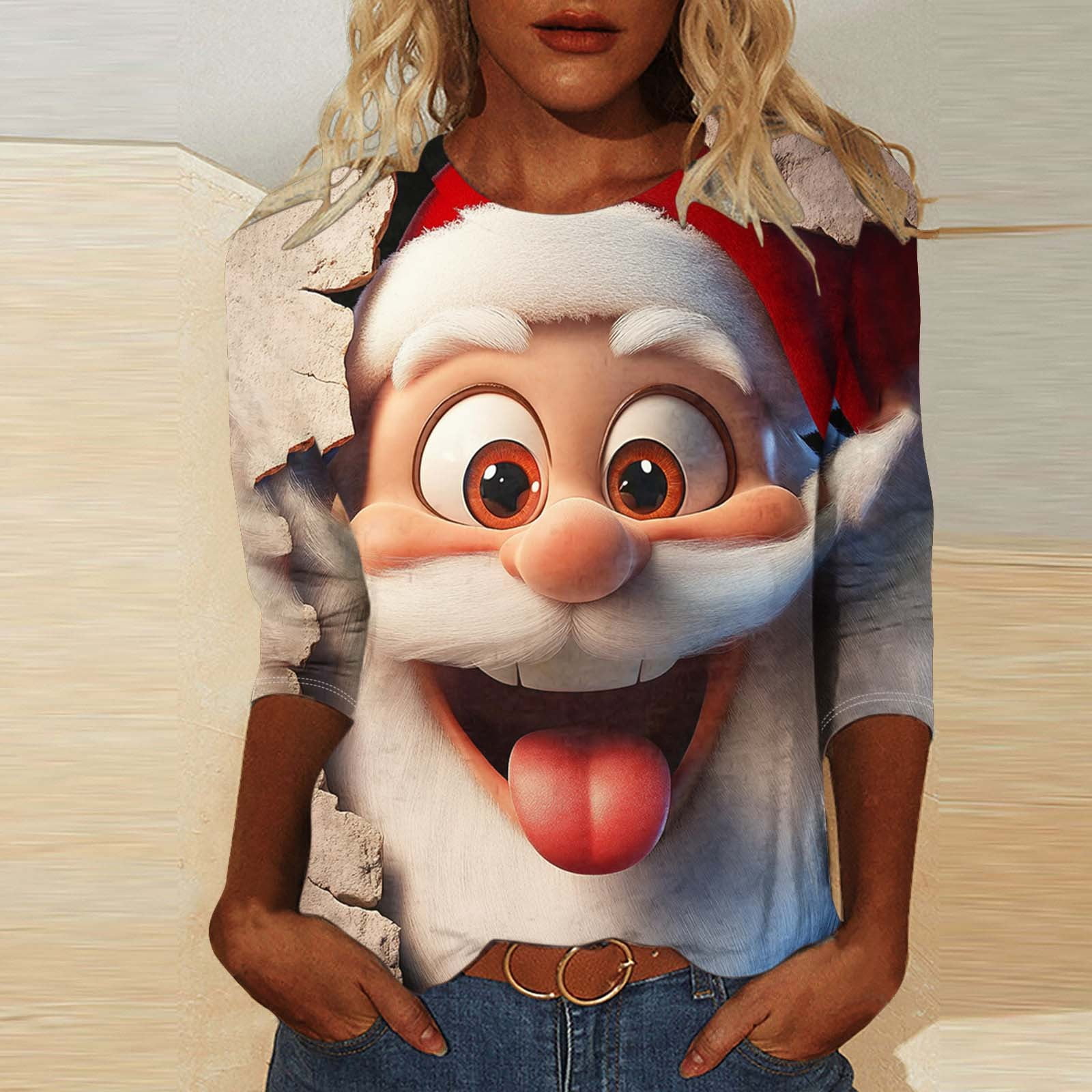 Amidoa Tops for Women Trendy Funny Ugly Christmas 3/4 Sleeve Blouses ...