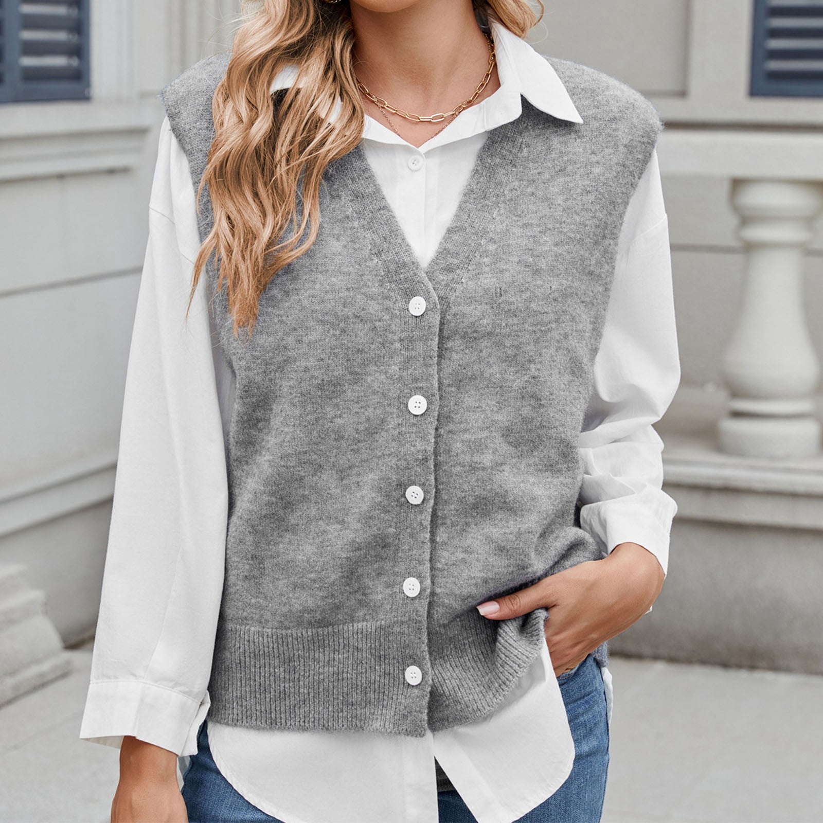 Amidoa Trendy Sweaters for Women 2025 Button up Gray Sleeveless ...