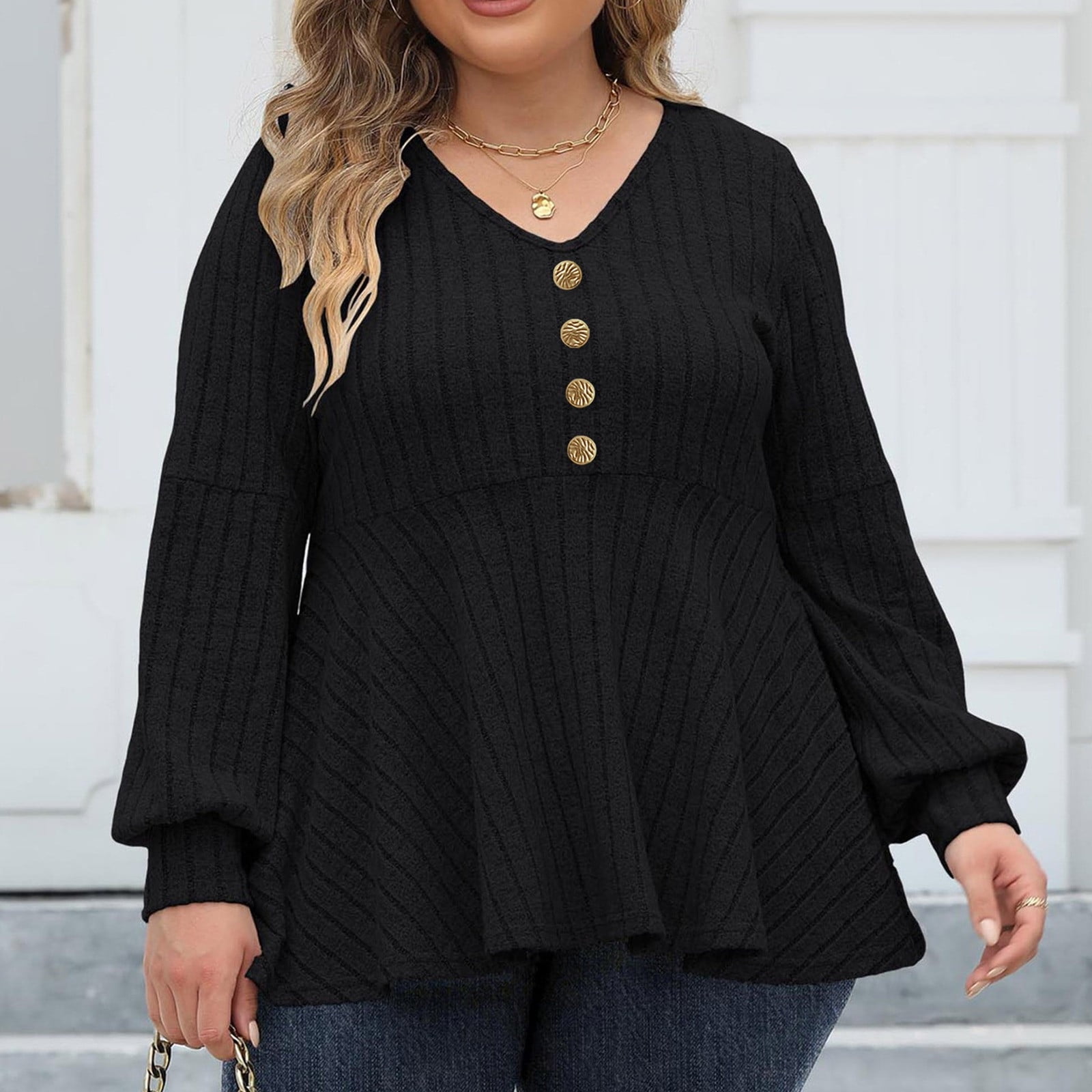 Amidoa V-Neck Sweaters for Women 2025 Long Sleeve Black Plus Size ...