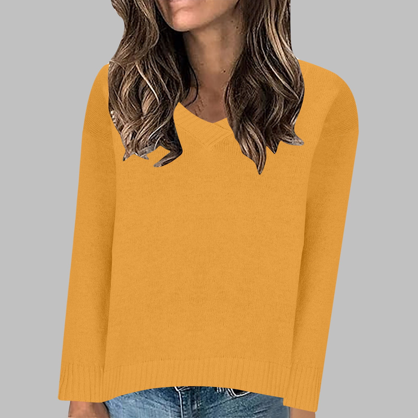 Amidoa V-Neck Women Sweater Fall Yellow Long Sleeve Cozy Soft Solid ...