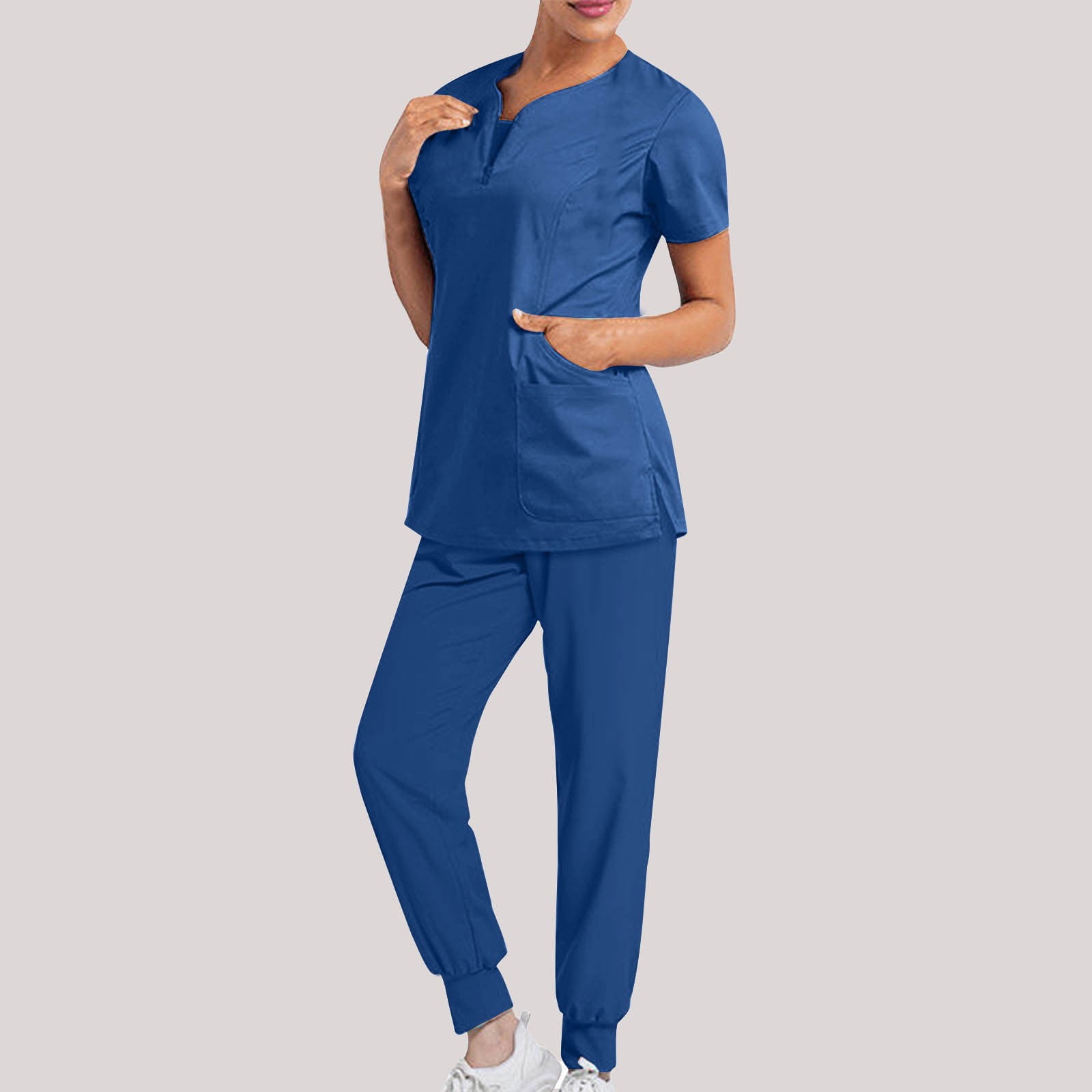 Amidoa V-Neck Womens Scrubs Set Zipper Short Sleeve Blue Uniform 4 ...