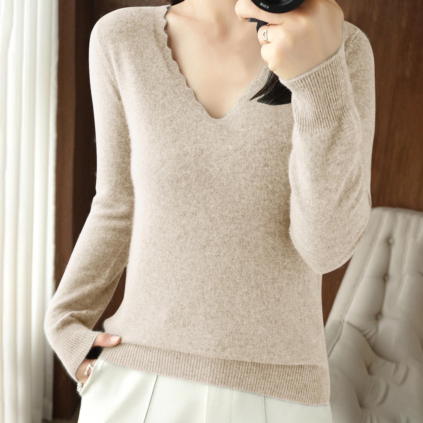 Amidoa V-Neck Womens Sweater Fleece Long Sleeve Yellow Soft Ruffle ...