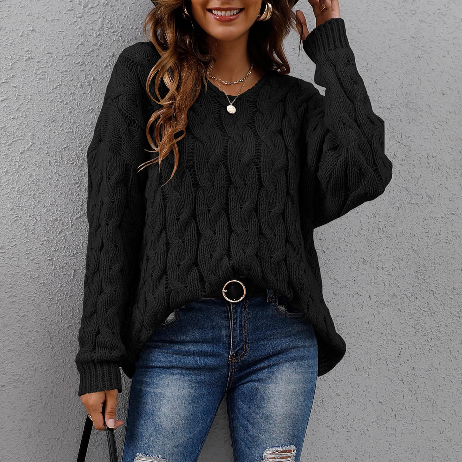 Amidoa V-Neck Womens Sweaters Cable Knit Black Long Sleeve Plus Size ...