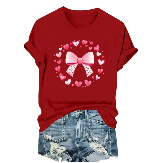 Amidoa Valentines Day Womens Tops Summer Short Sleeve Red Bow Tees ...