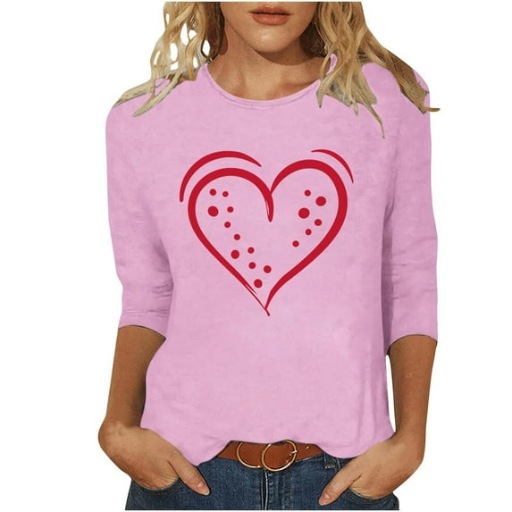 Amidoa Valentines Ladies Tops Comfortable Teacher Pink 3/4 Sleeve ...
