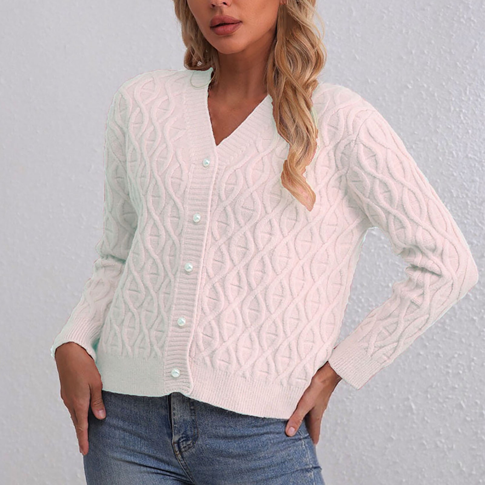 Amidoa White Sweaters for Women Long Sleeve Cardigan Button up Cable ...